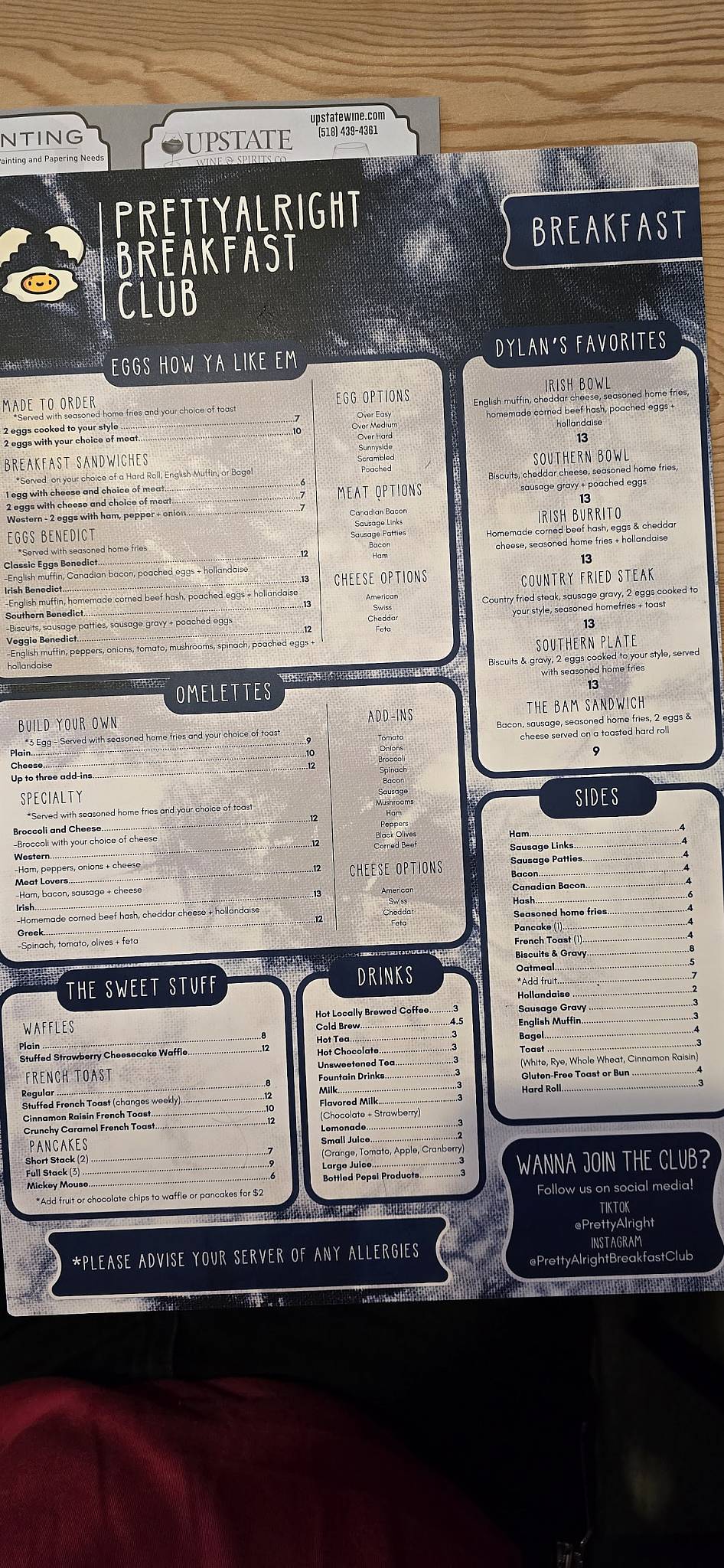 Menu at Pretty Alright Breakfast Club, Voorheesville