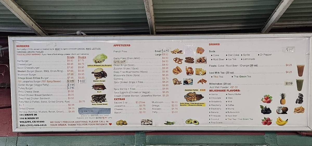 Menu at 101 Drive-In restaurant, Willits