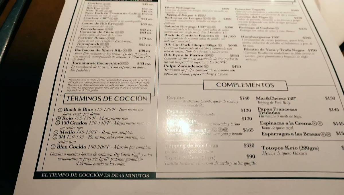 Carta de 130 grados Steakhouse Querétaro, Santiago de Querétaro
