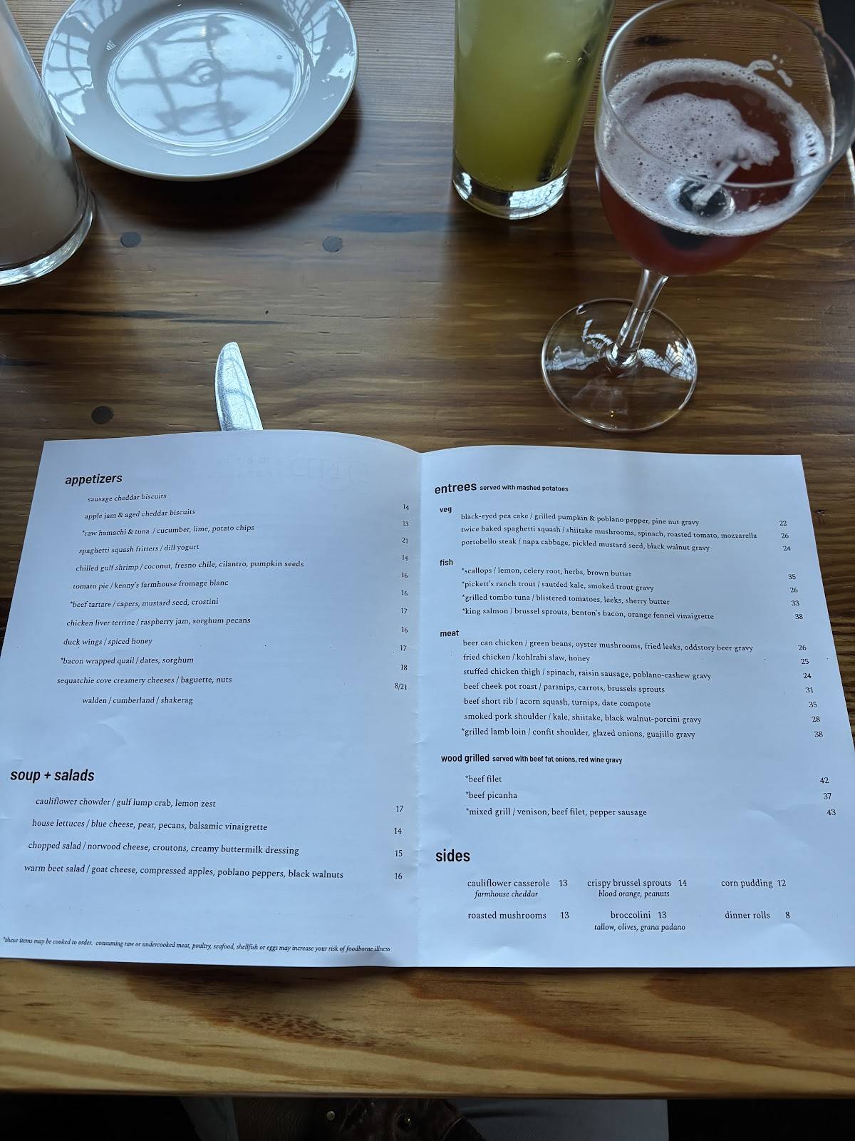 Menu at 2nd restaurant, Chattanooga