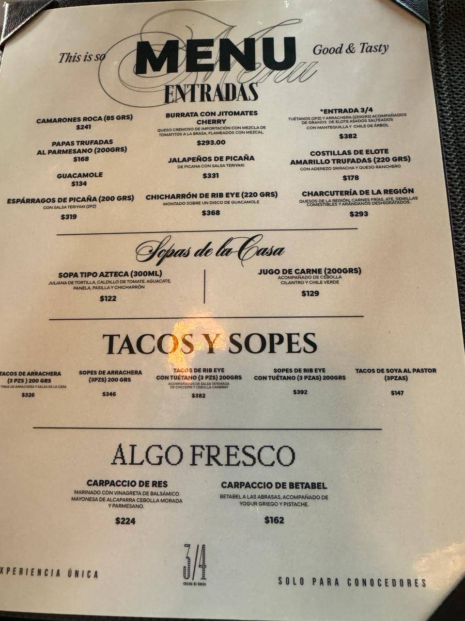 Carta del restaurante 3/4 Cocina del Brasa, Tequisquiapan