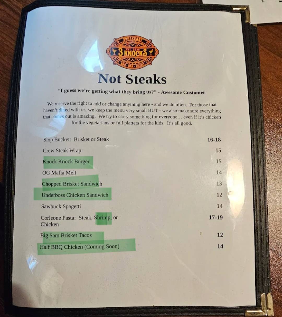 Menu at 3 Knocks Speakeasy Bar BBQ and Bistro, Van