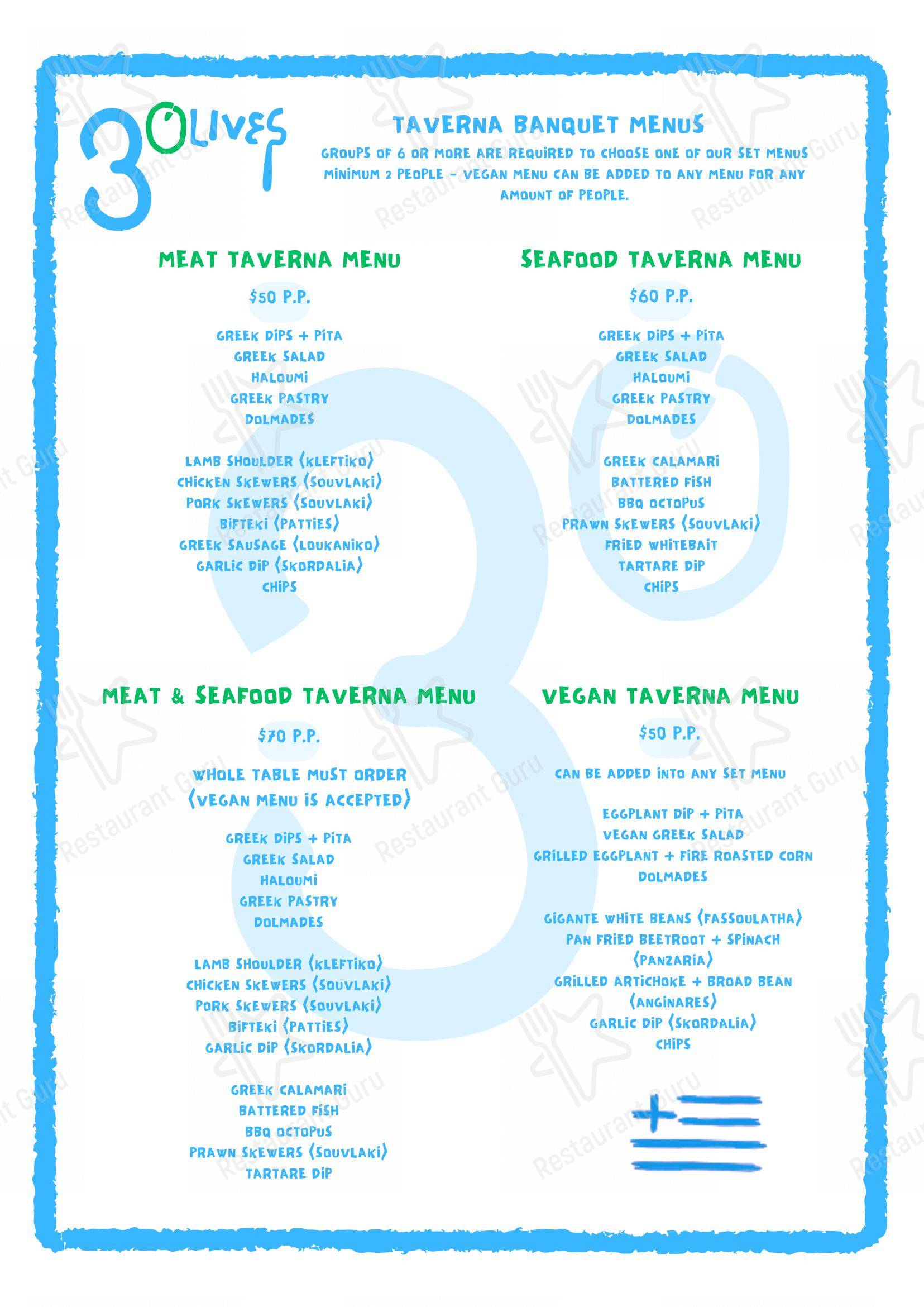 Menu at 3 Olives Greek Newtown restaurant, Newtown