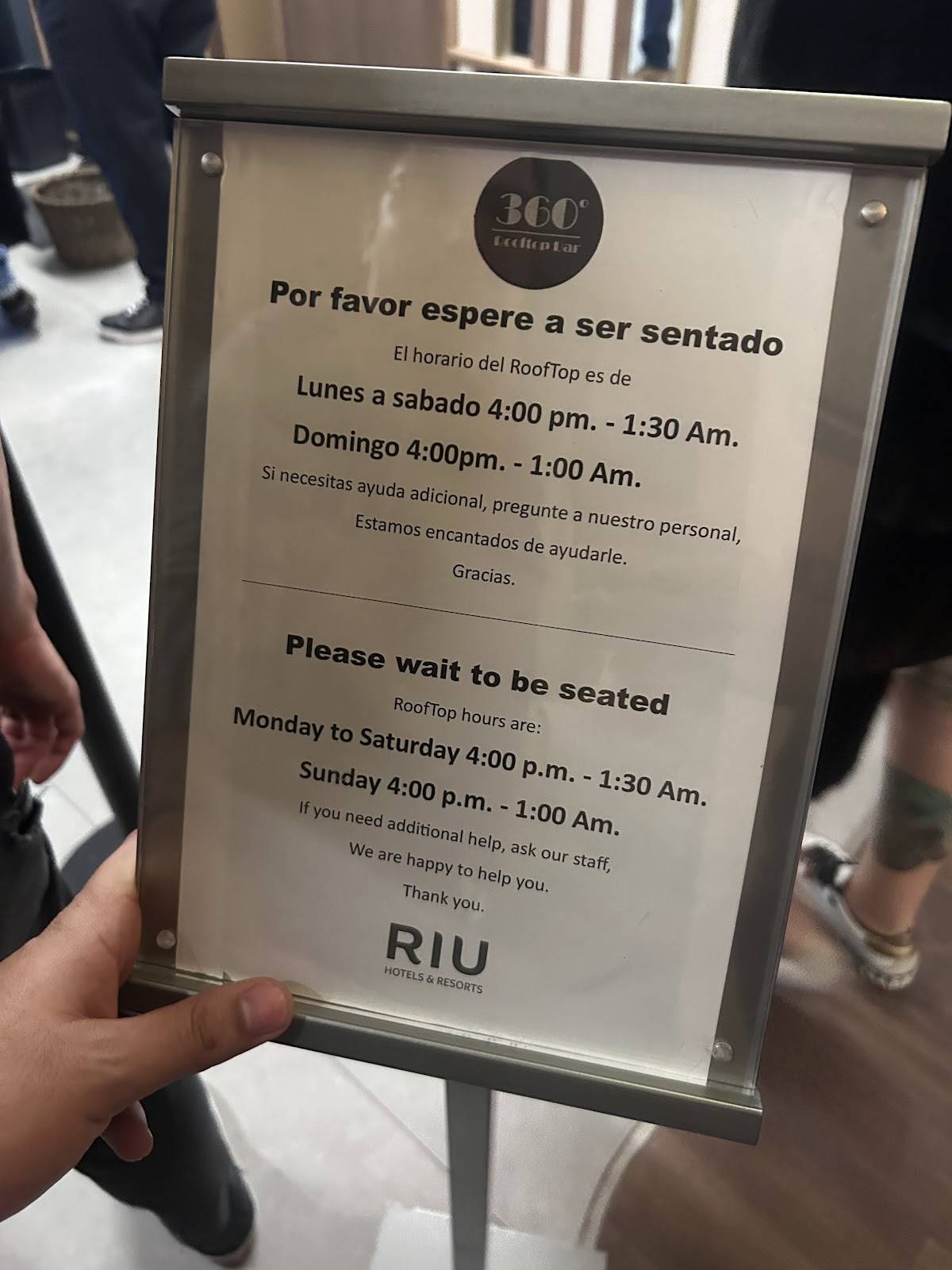 Carta del pub y bar 360° Riu Rooftop Guadalajara, Guadalajara