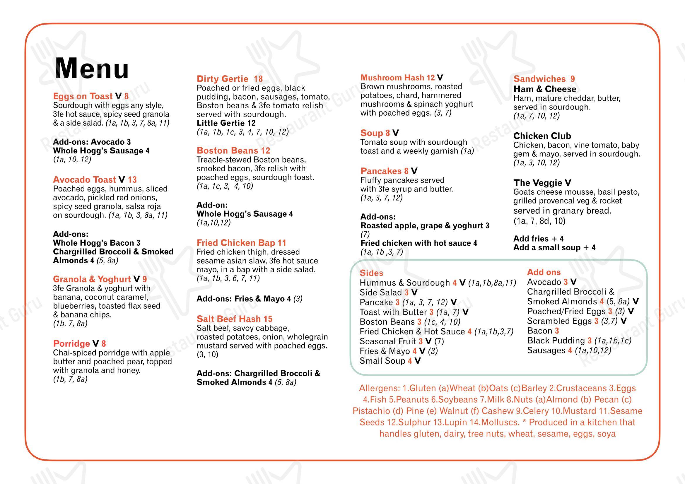 Menu at 3fe Grand Canal Street cafe, Dublin, 32-34 Grand Canal Street Lower