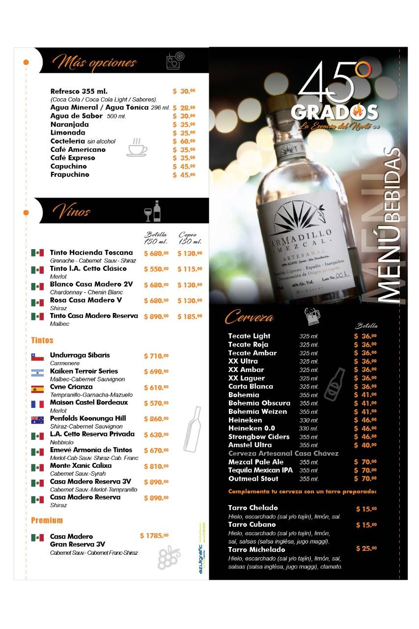 Carta del restaurante 45 Grados Camelinas, Morelia, Calle Dr Ignacio ...