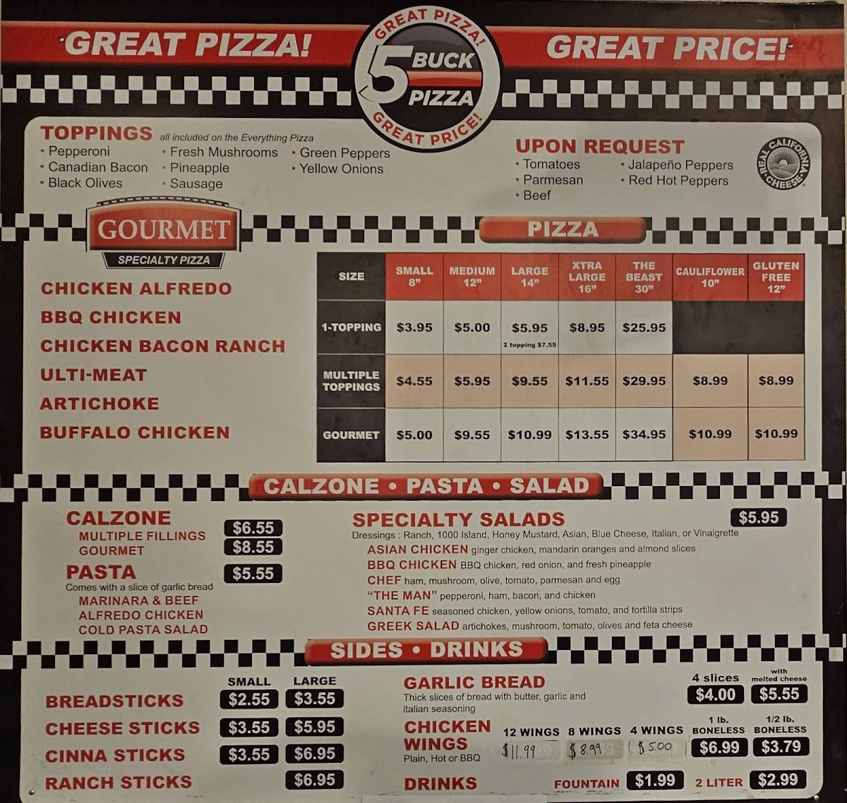 Carta de pizzería 5 Buck Pizza, Cedar City, S Providence Center Dr #5