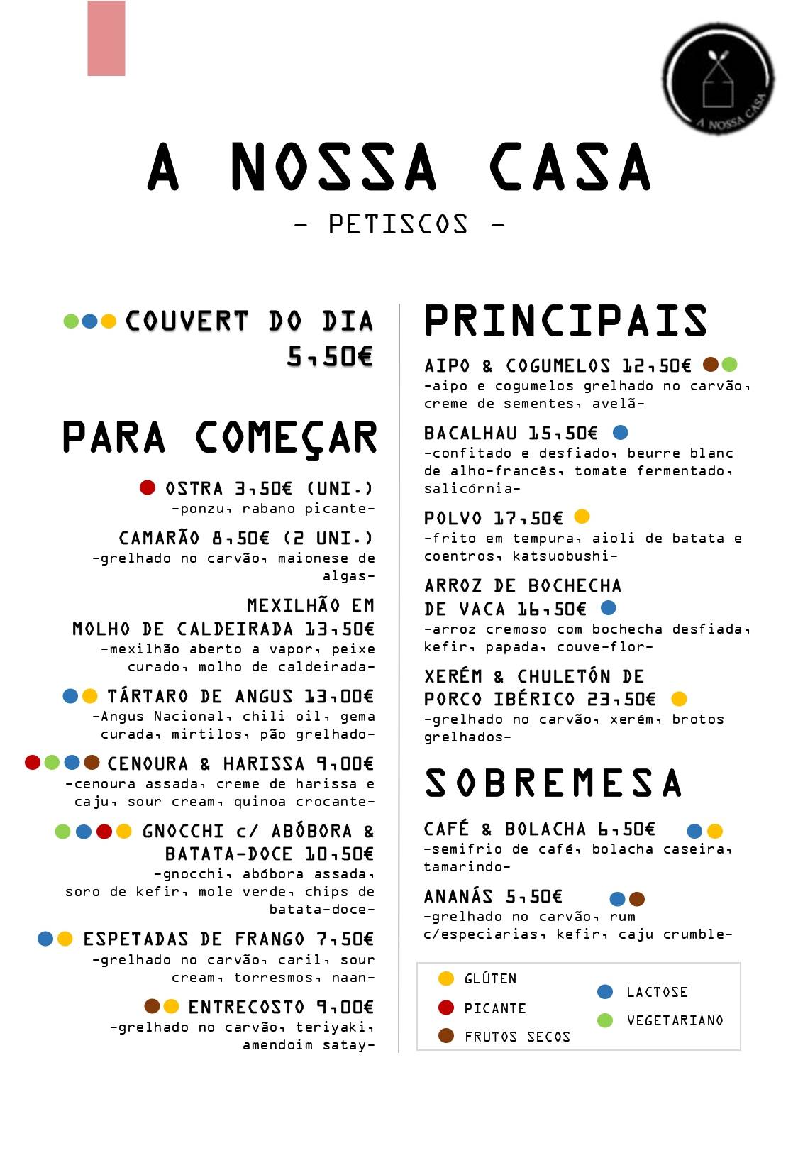 Menu at A Nossa Casa restaurant, Lisbon, R. da Atalaia 31
