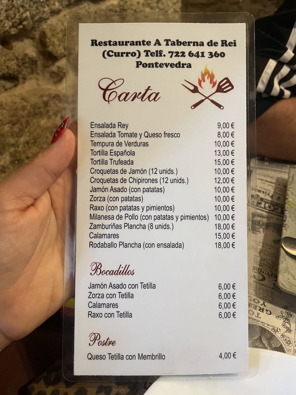 Carta del restaurante A Taberna del Rey, Barro, Lugar del contestar de