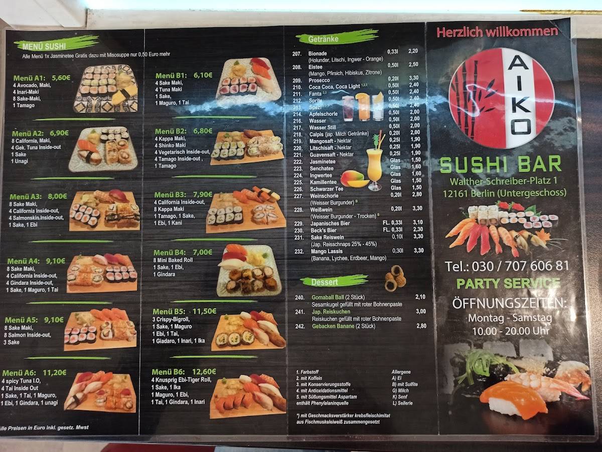 Menu at AIKO Sushi restaurant, Berlin, Walther-Schreiber-Platz 1