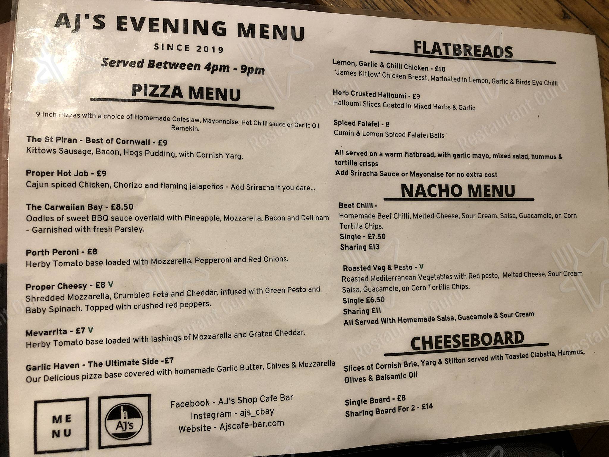 Menu at AJ's Cafe' & Bar, Saint Austell