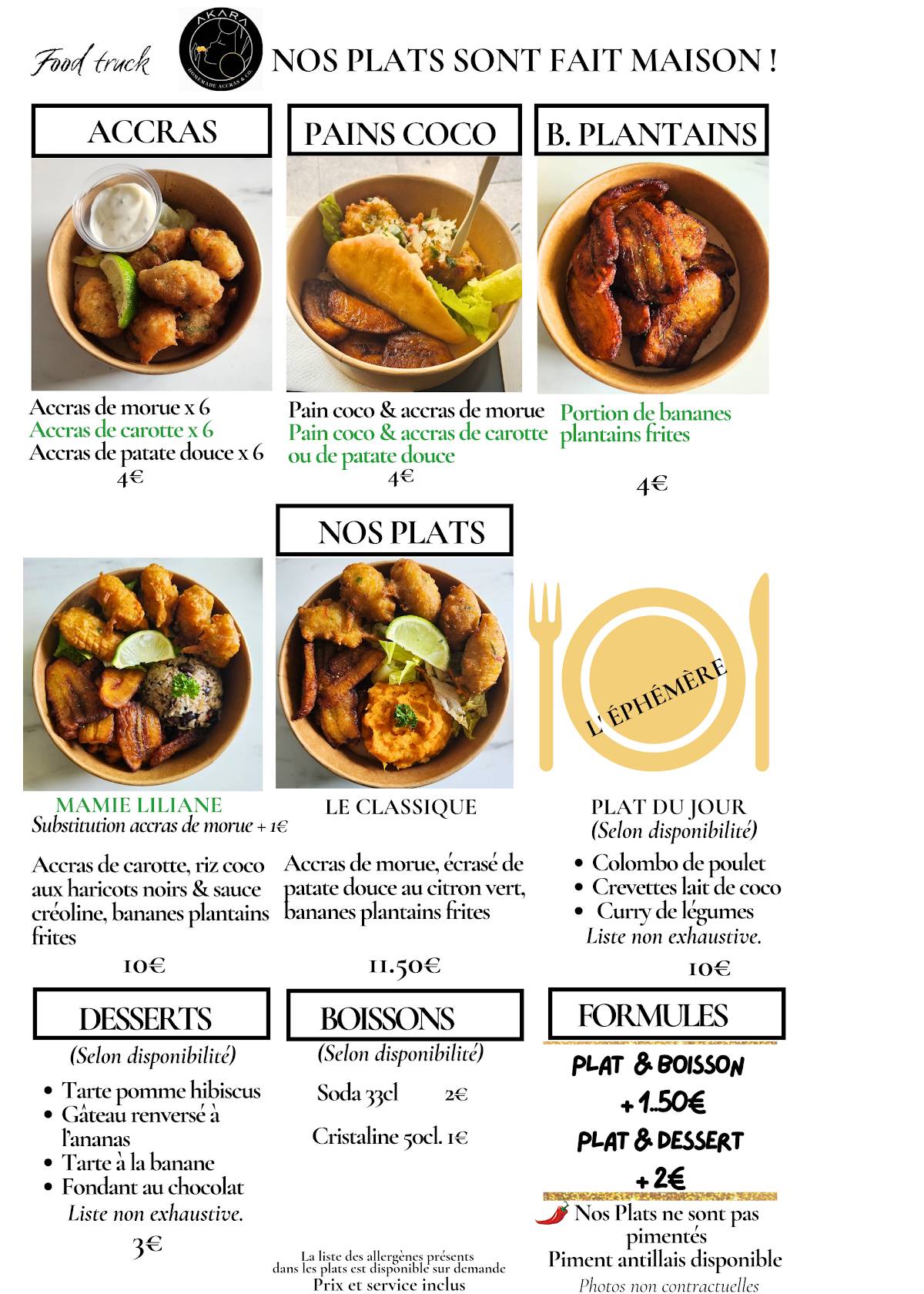 Menu au AKARA - Food Truck - Privatisation - Évènements professionnels ...