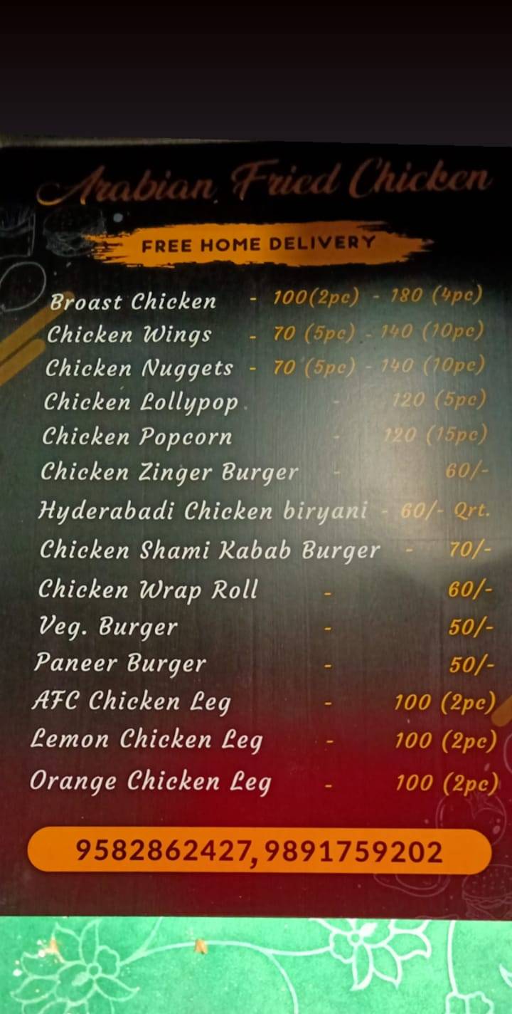 Menu at AL Arabian fried chicken, New Delhi