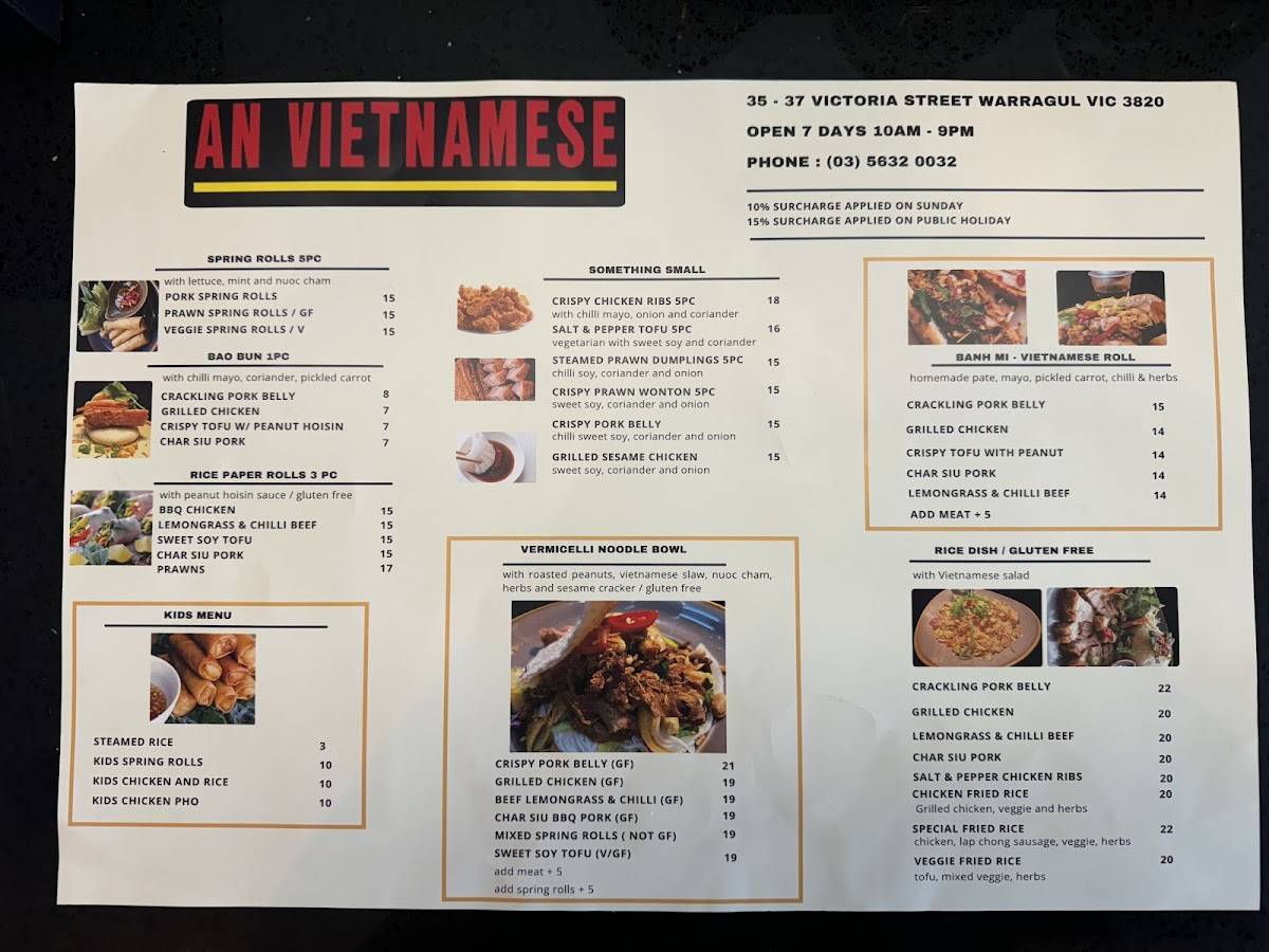 Menu at AN VIETNAMESE restaurant, Warragul