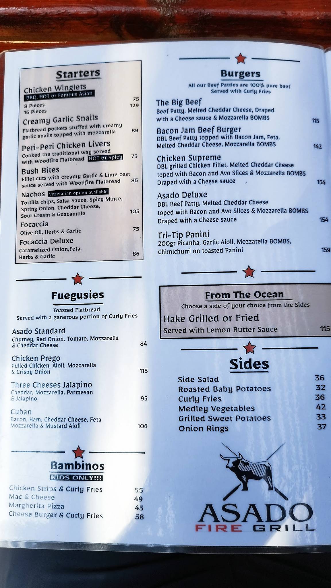 Menu at ASADO FIRE GRILL RESTAURANT, Keurboomstrand