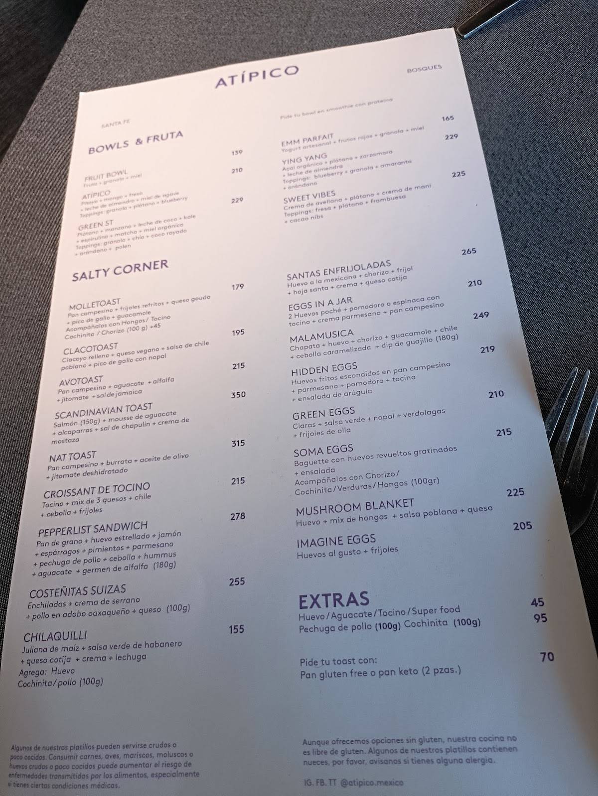 Carta del restaurante ATIPICO, Ciudad López Mateos, Av. Luis Barragan 505