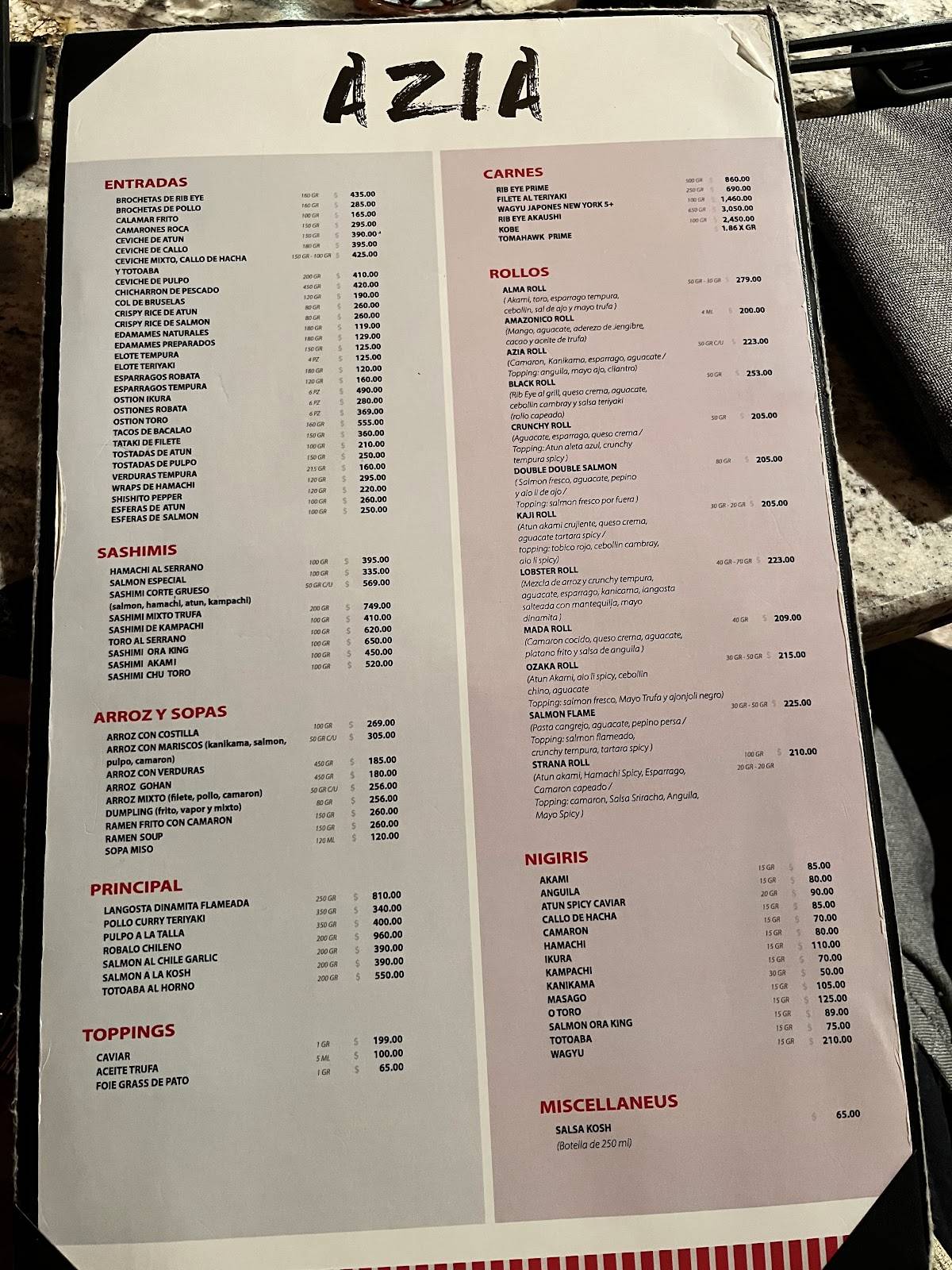 Carta del restaurante AZIA GDL, Guadalajara