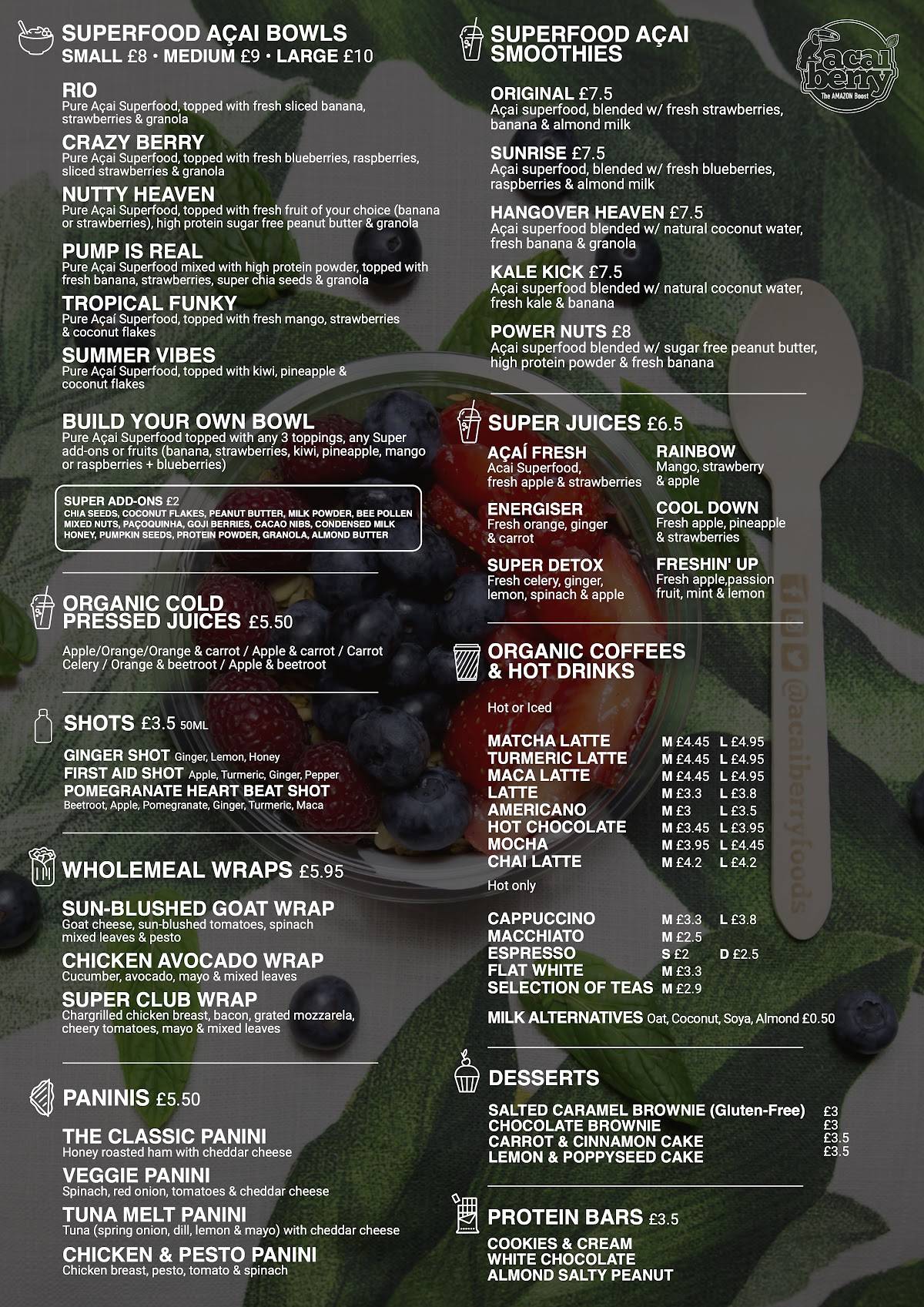 Menu at Acai Berry restaurant, London, 130 Wardour St