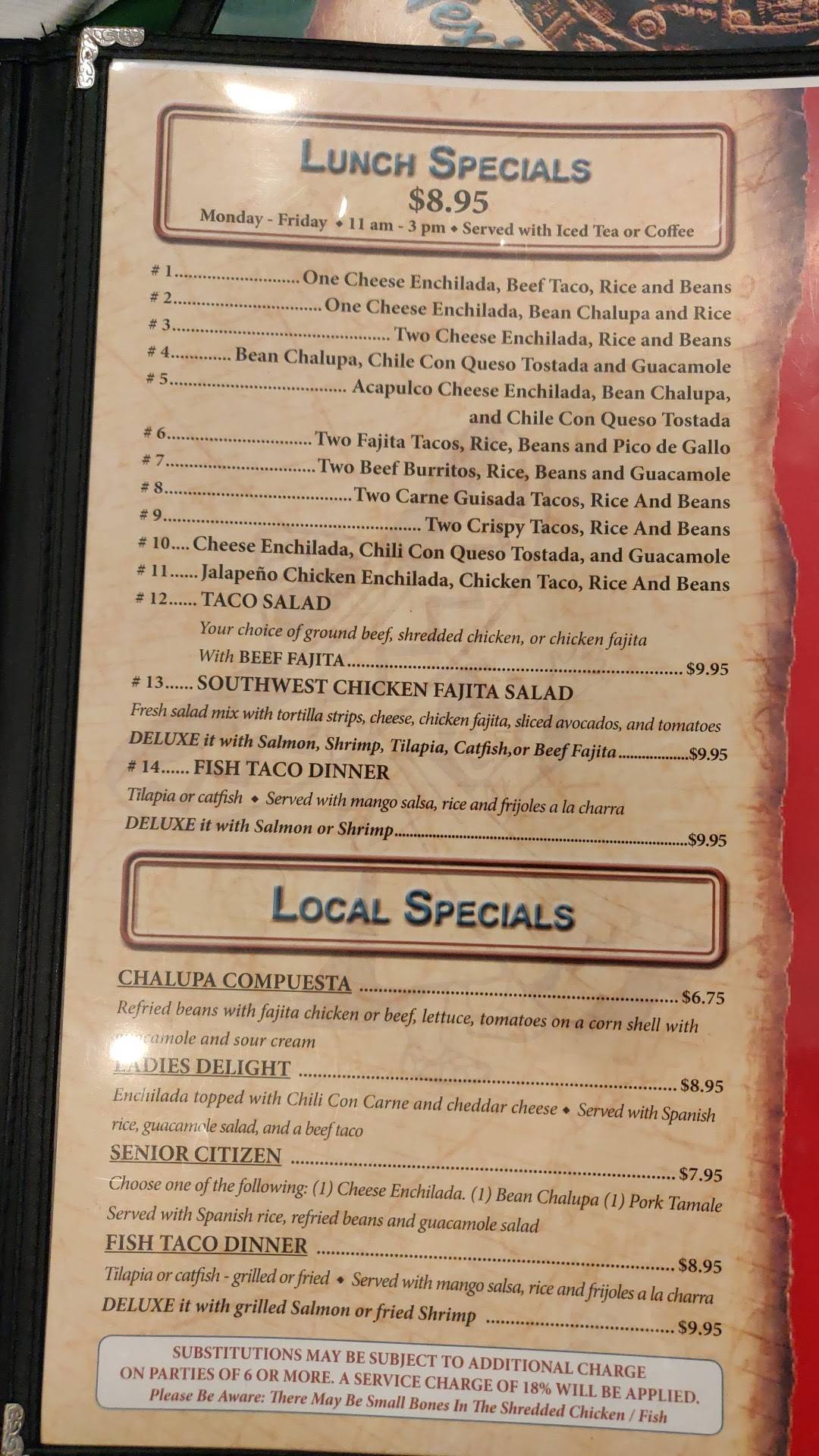 Menu at Acapulco Mexican Restaurant, Kerrville