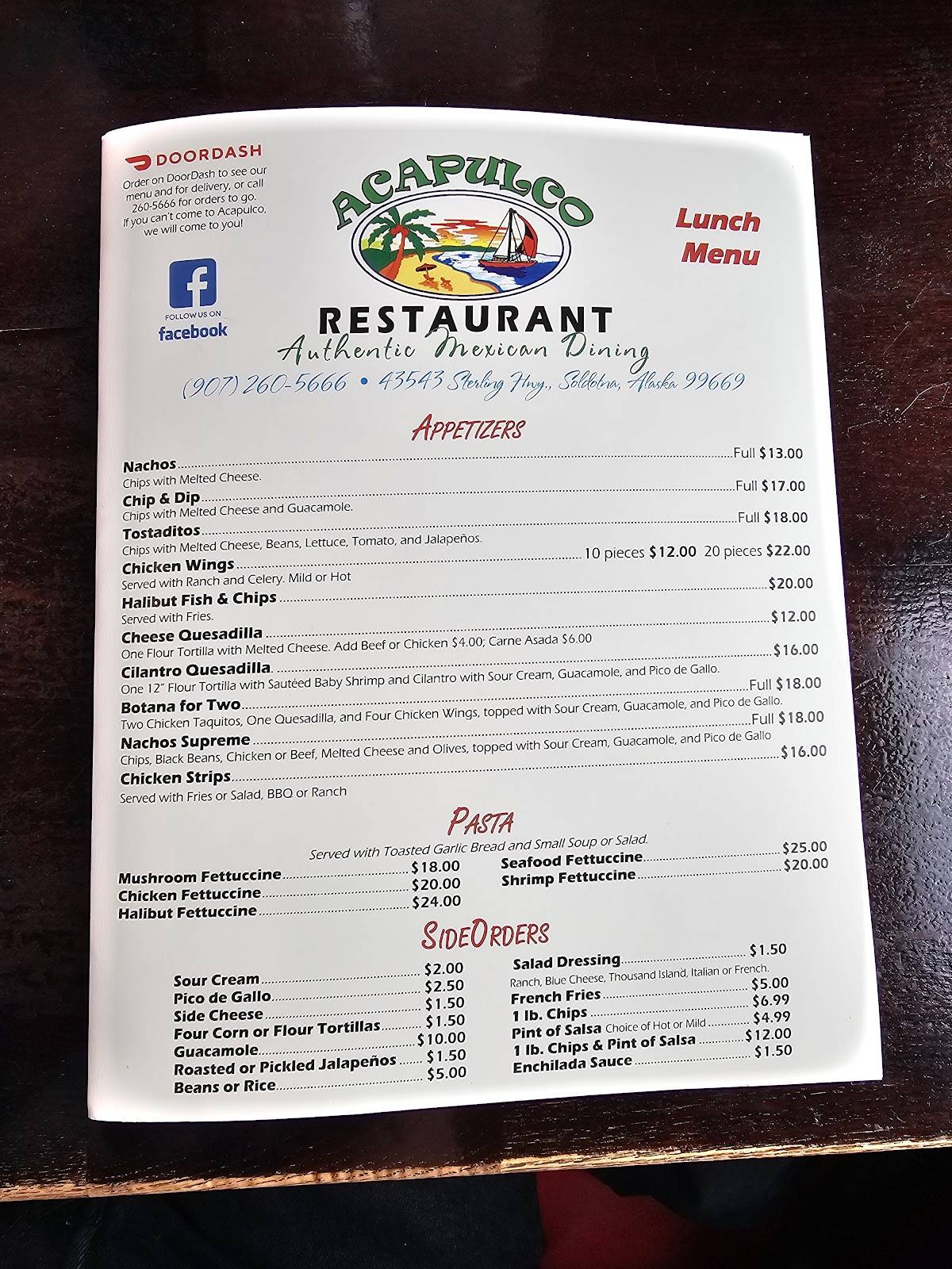 Menu at Acapulco Mexican Restaurant, Soldotna, Sterling Hwy