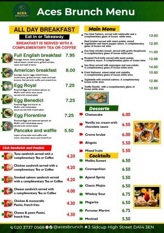 Menu at Aces Brunch restaurant, Sidcup