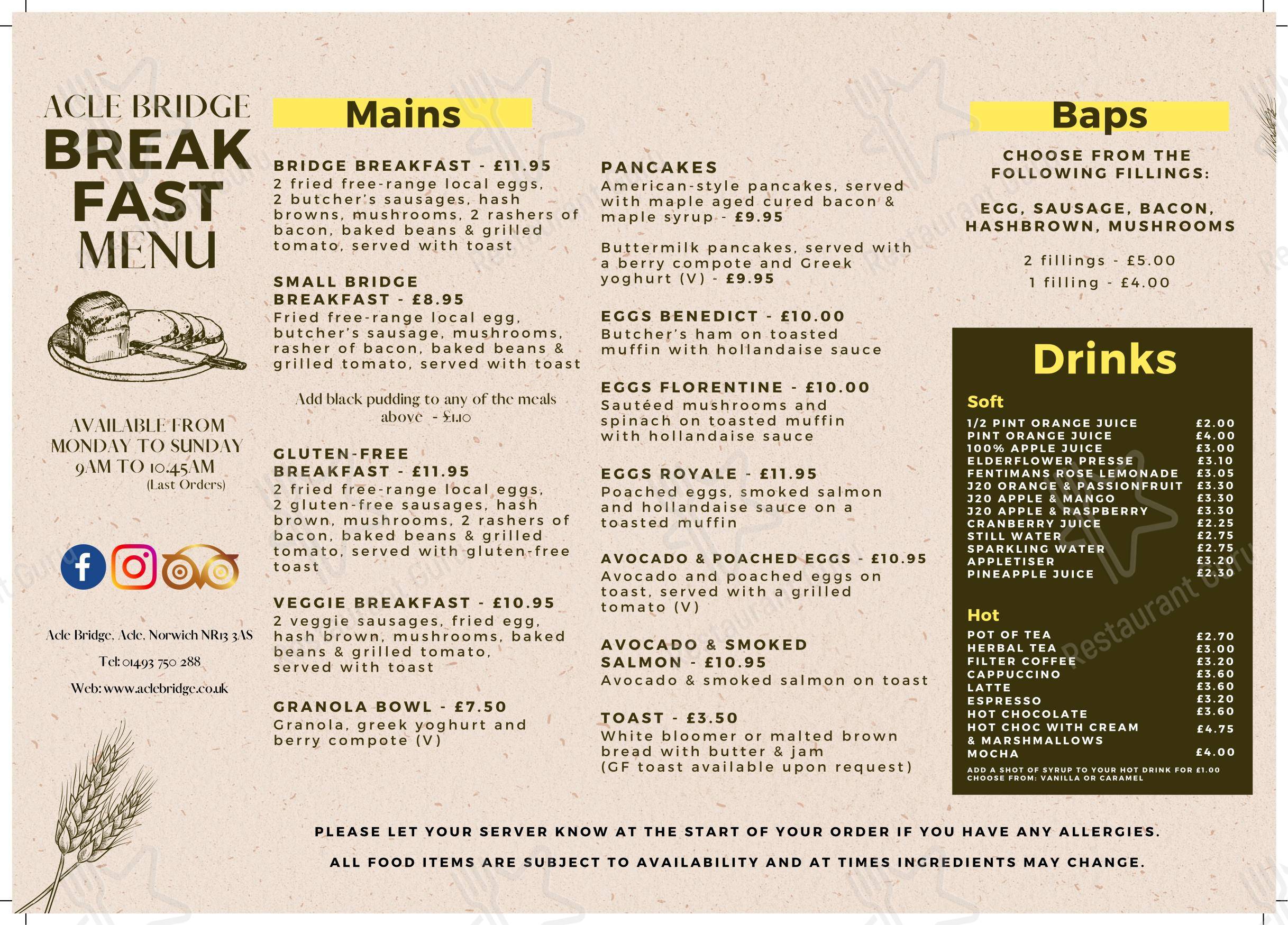 Menu at Acle Bridge Inn pub & bar, Acle