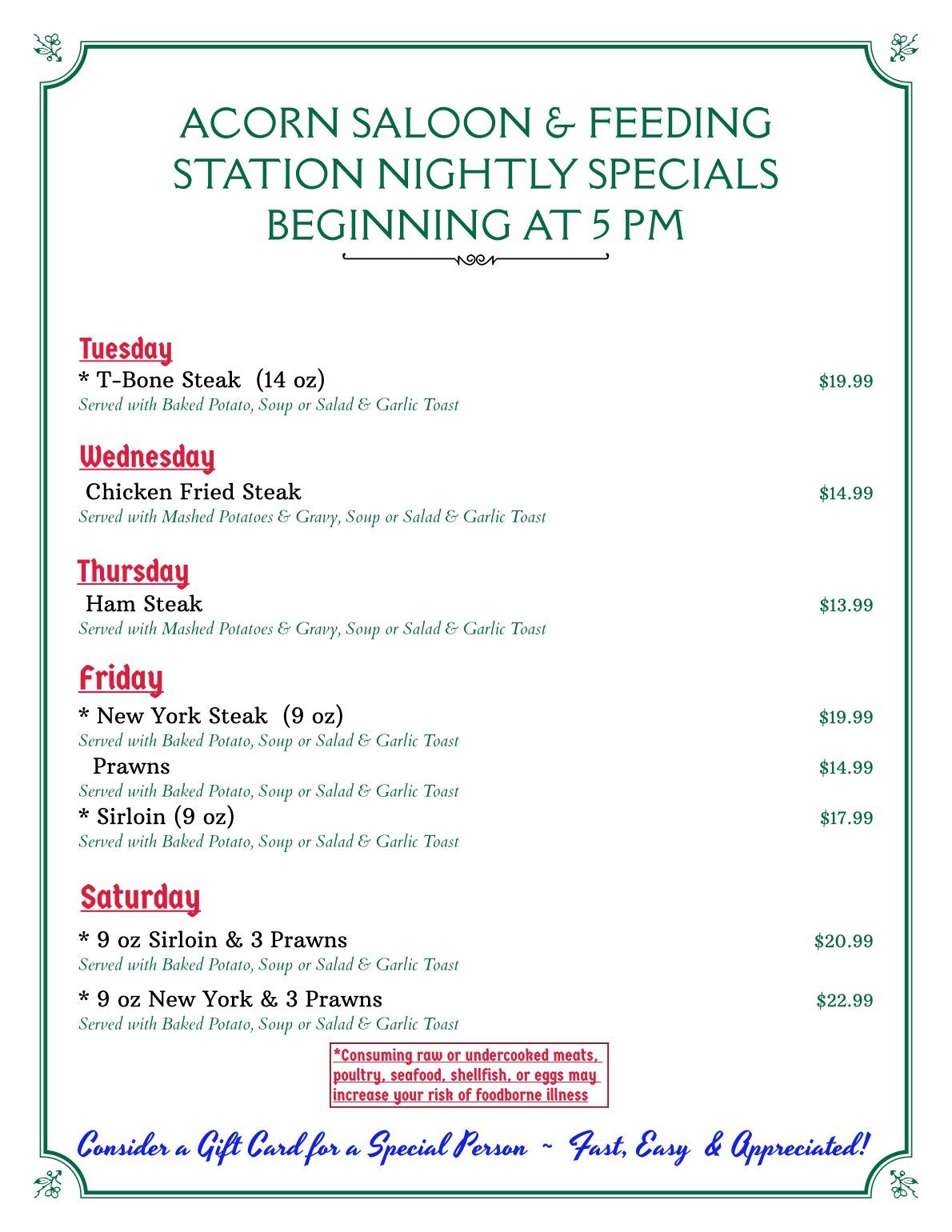 Menu at Acorn Saloon & Feeding Station pub & bar, Colville