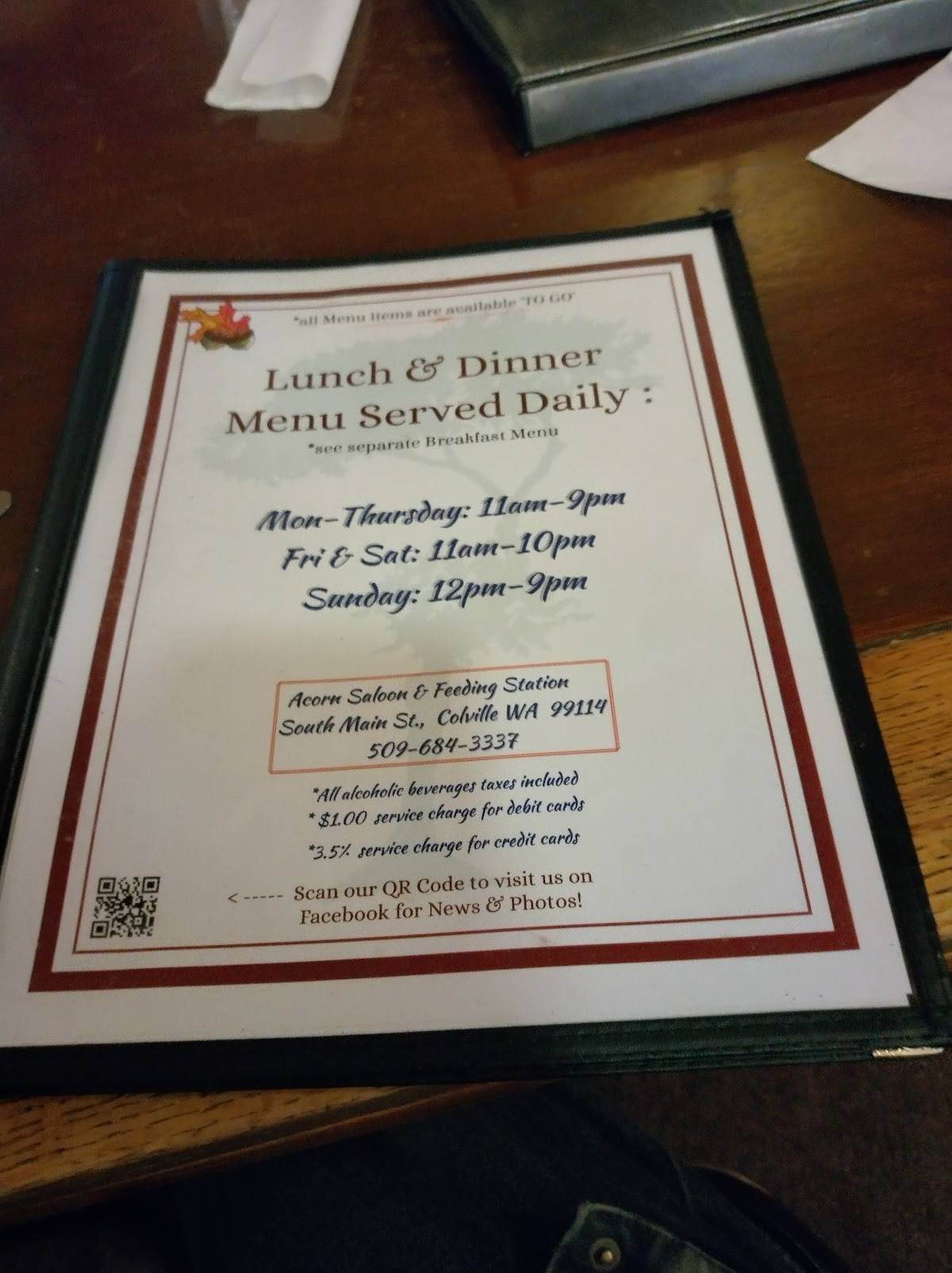 Menu at Acorn Saloon & Feeding Station pub & bar, Colville