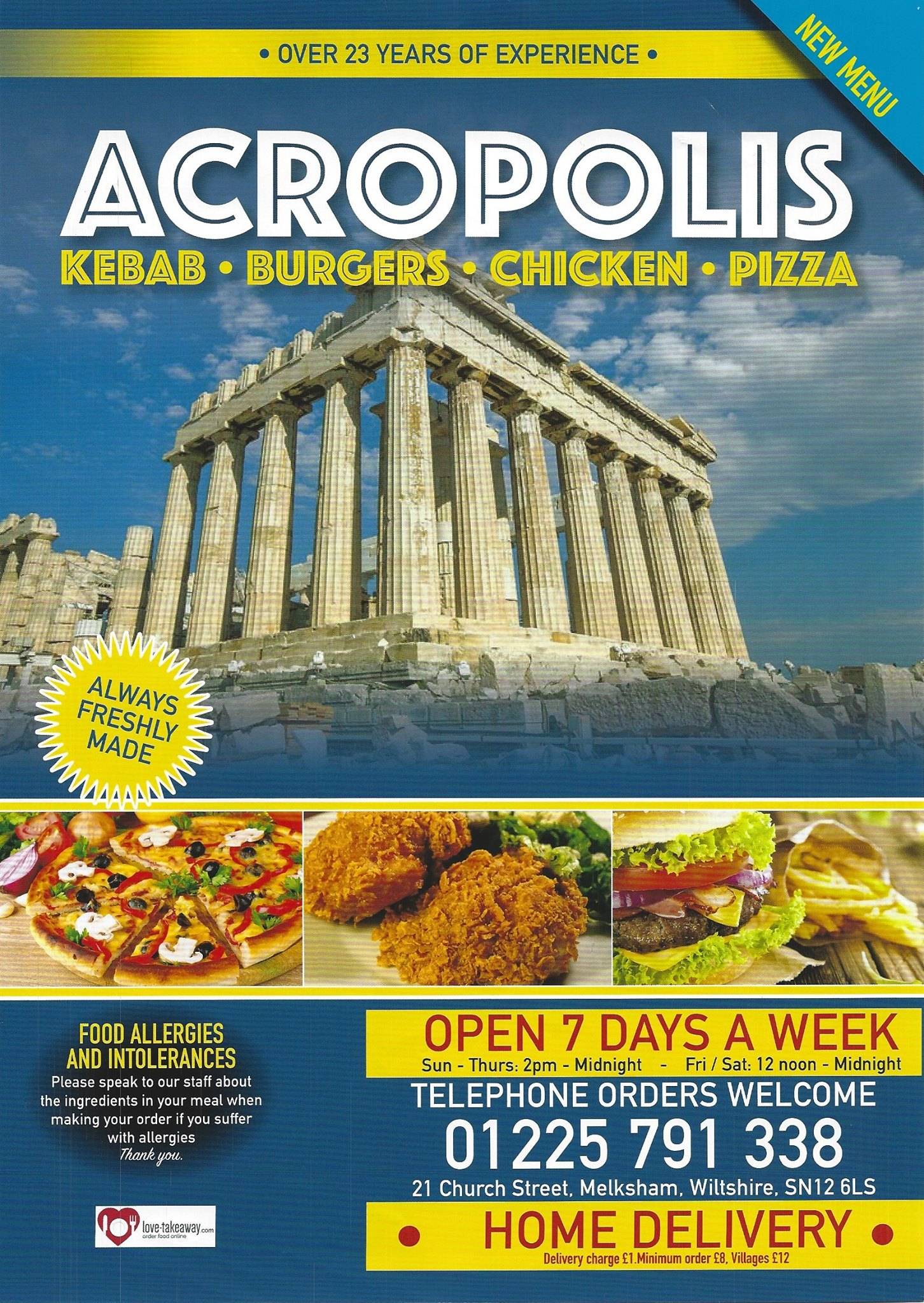 Menu at Acropolis fast food, Melksham