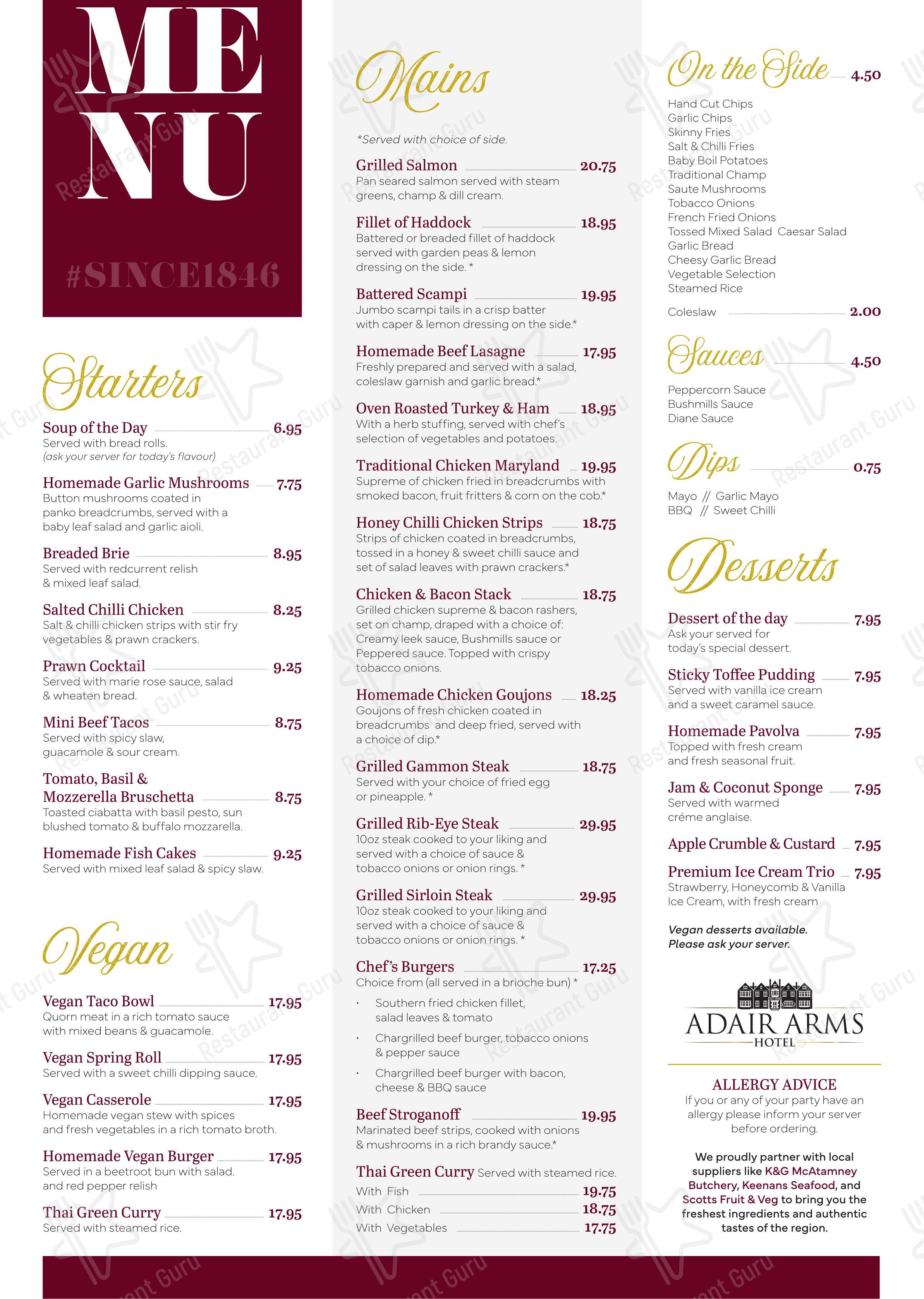 Menu at Adair Arms Hotel restaurant, Ballymena