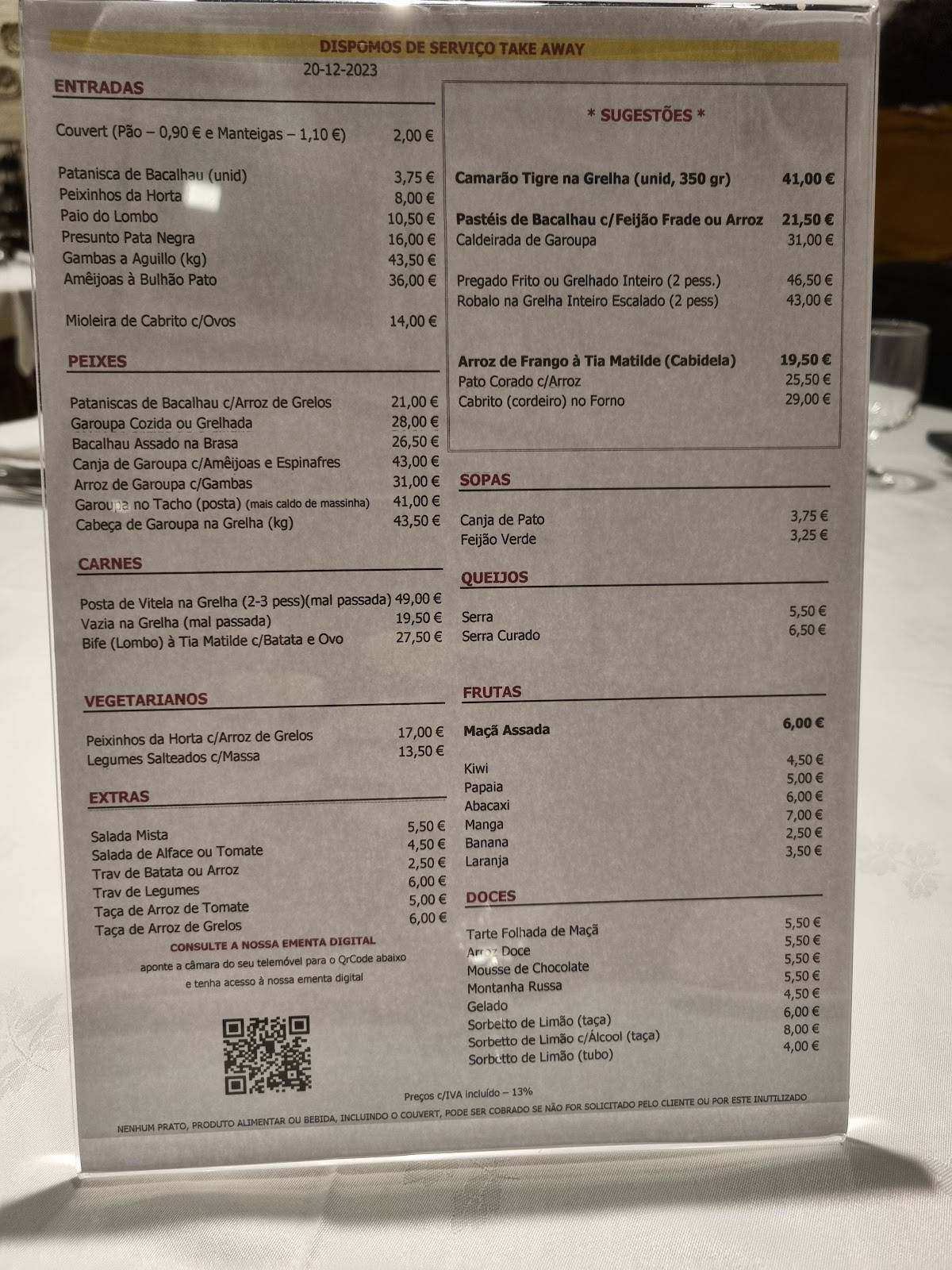 Menu em Adega da Tia Matilde restaurante, Lisboa