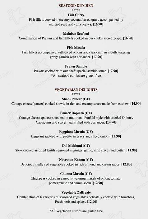 Menu at Ashoka Indian Cuisine restaurant, Adelaide