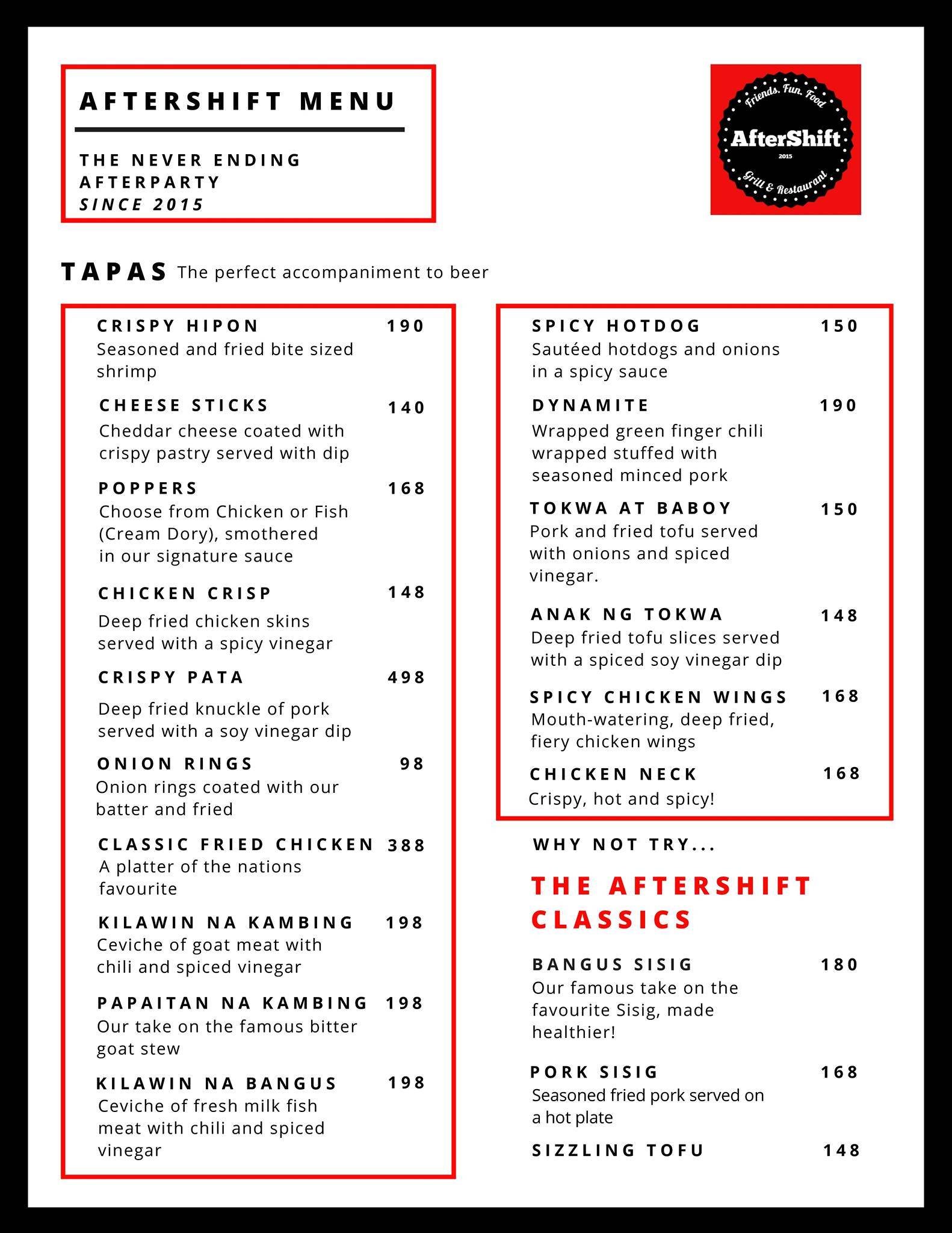 Menu at Aftershift Bar & Resto, Makati