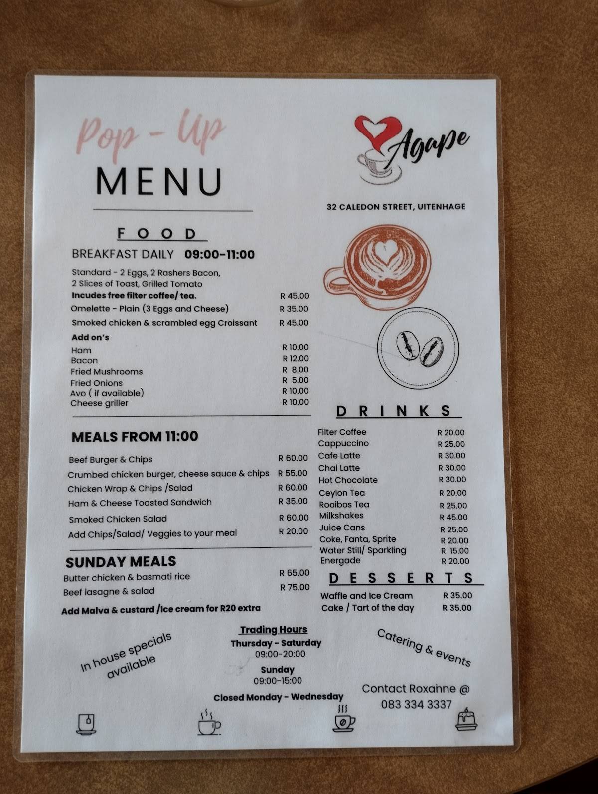 Menu at Agape Coffee Shop restaurant, Uitenhage