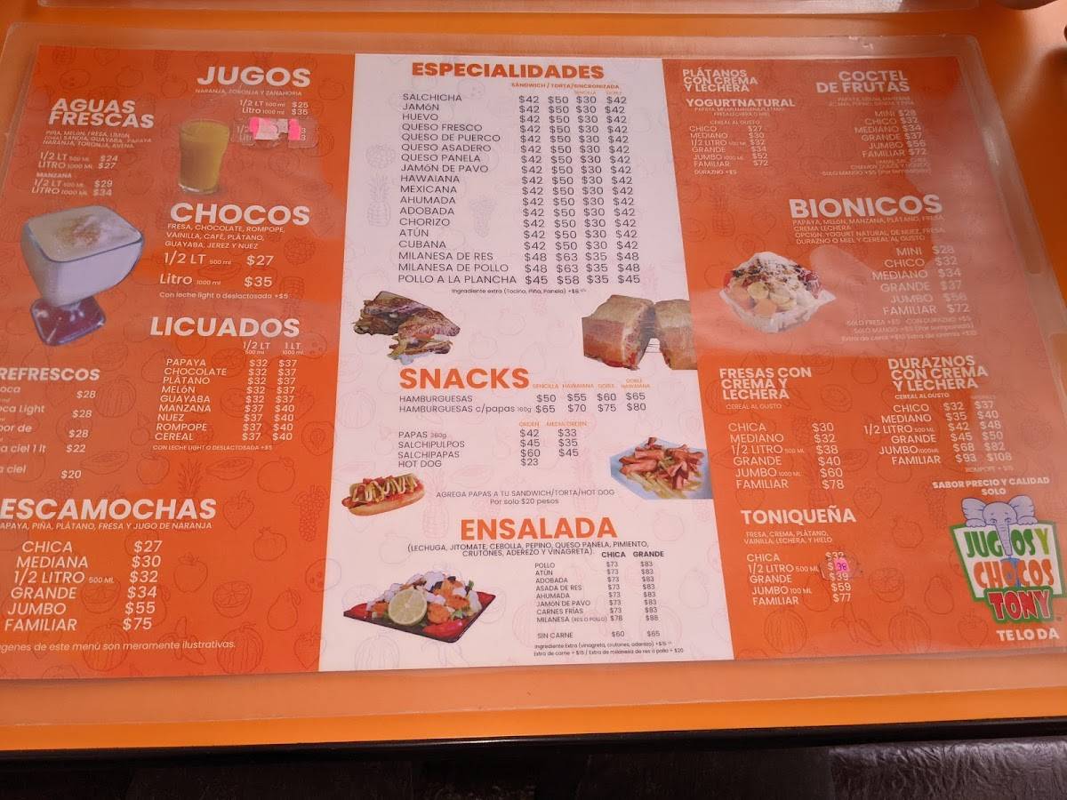 Carta del pub y bar Jugos y Chocos Tony, Aguascalientes, Av ...