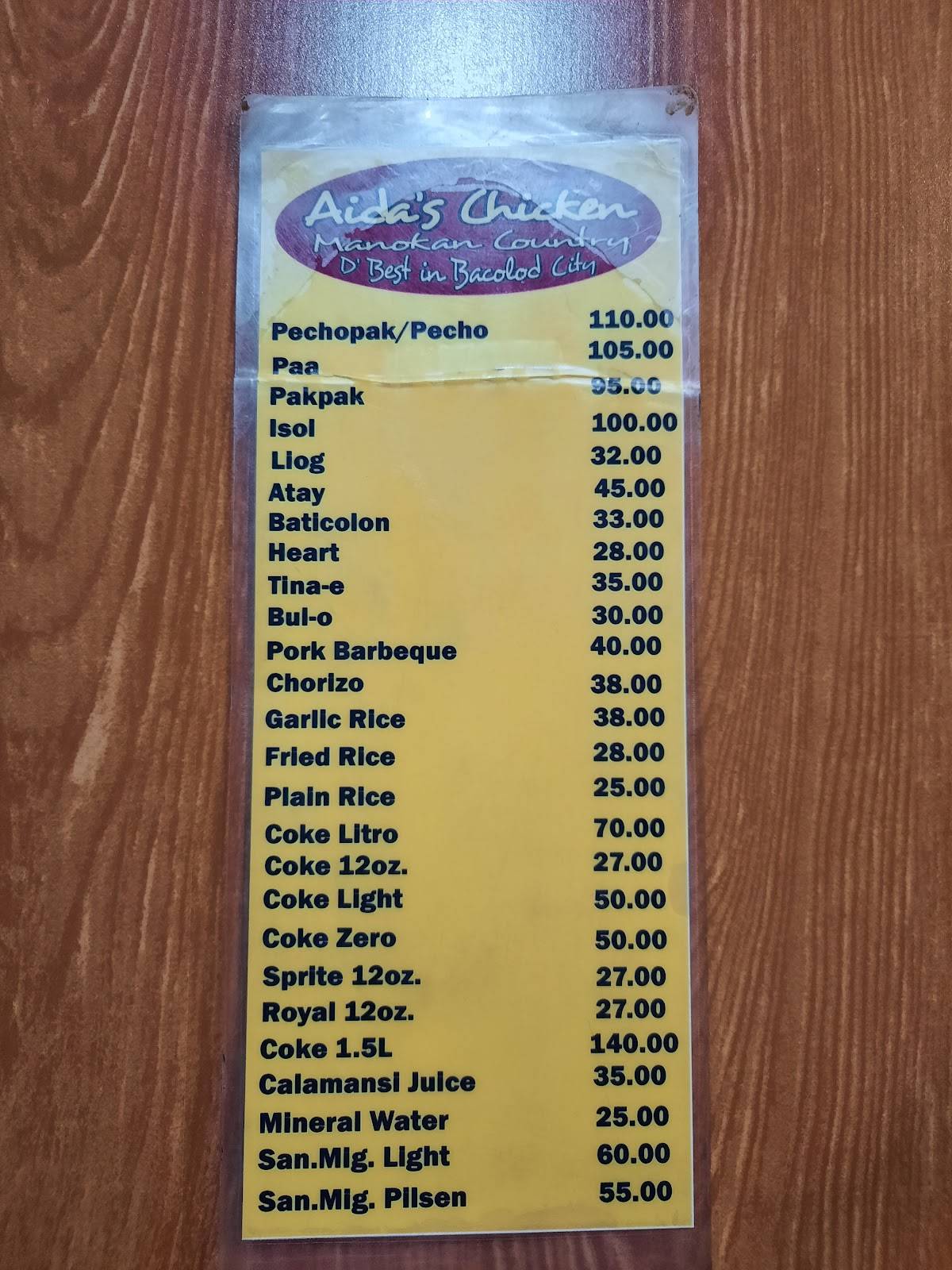 Menu at Aida's Chicken - Manokan Country restaurant, Bacolod, MWCW+G7P