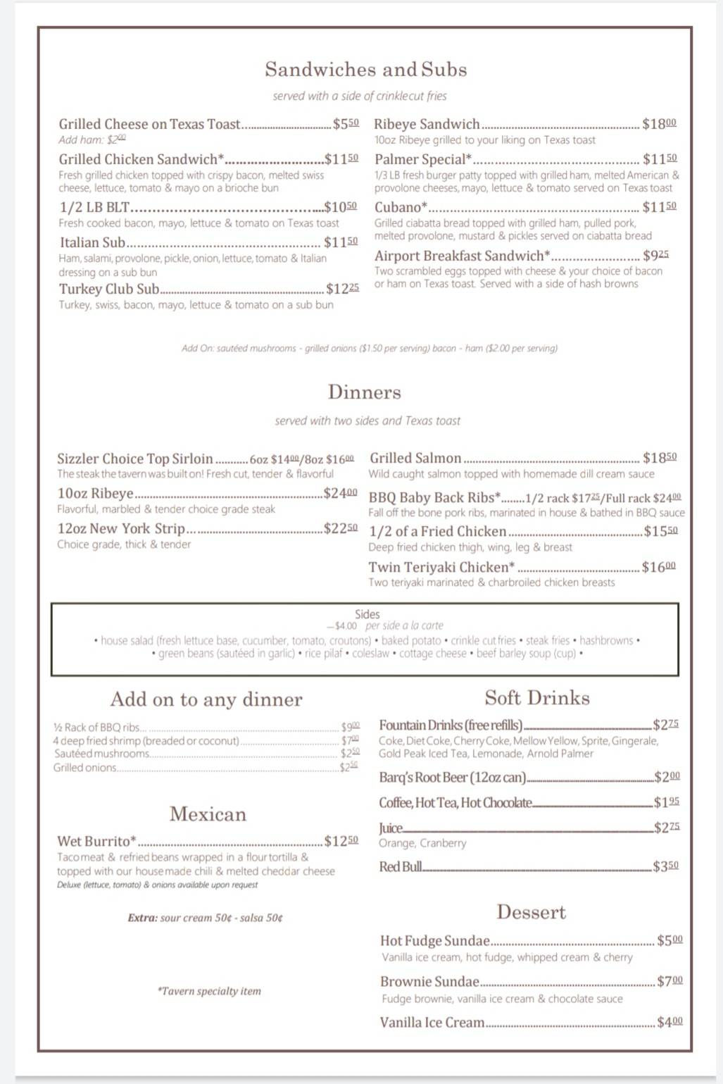 Menu at Airport Tavern pub & bar, Lansing