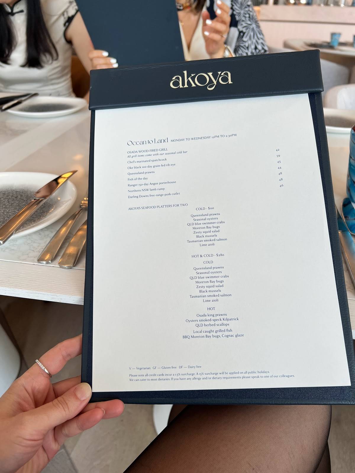 Menu at Akoya restaurant, Surfers Paradise