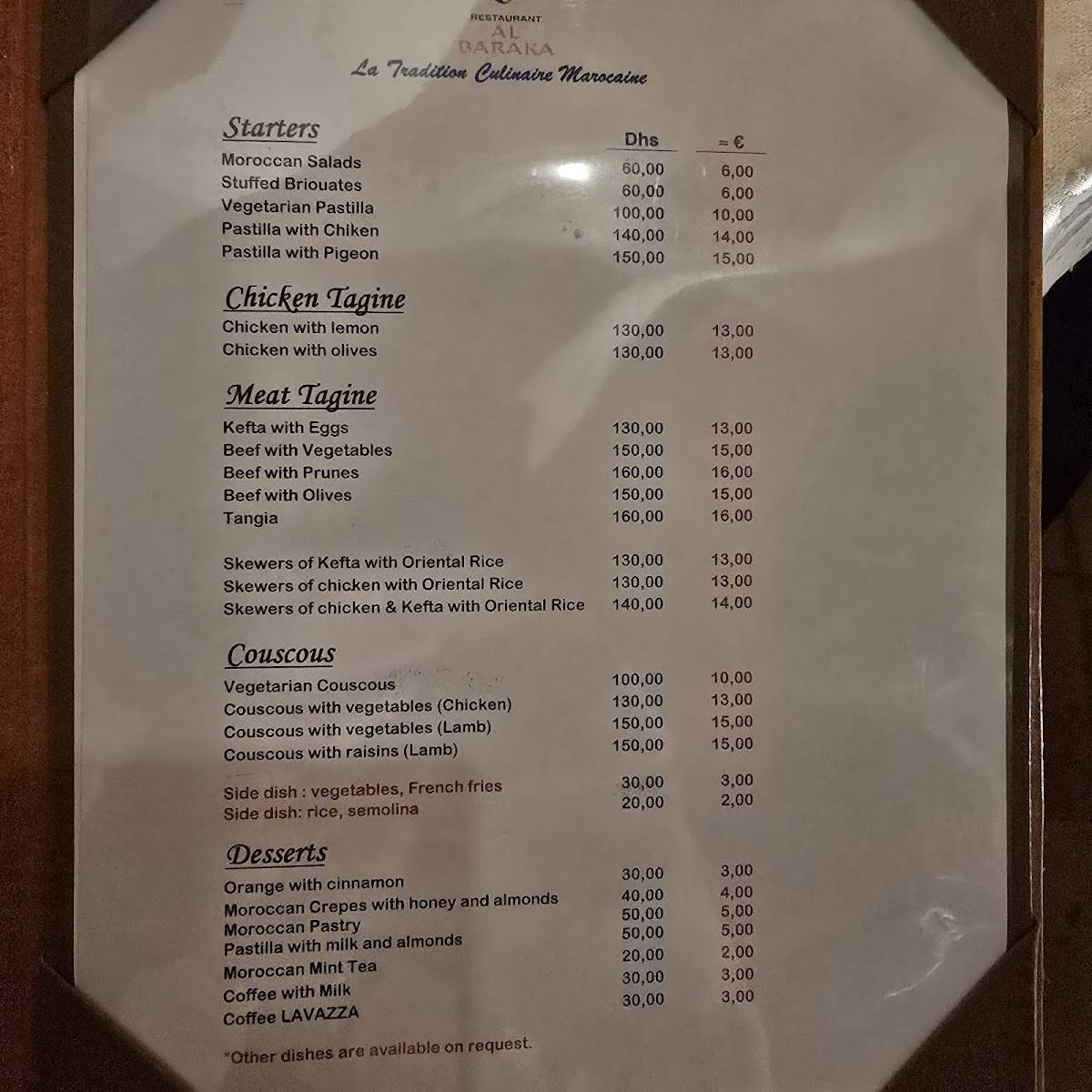 Menu at Al Baraka, Marrakesh, 1