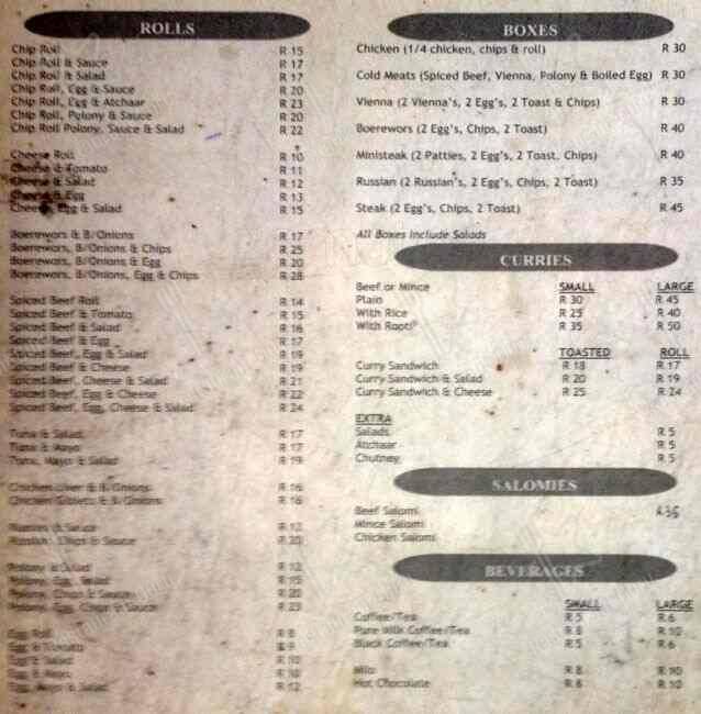 Menu at Al Haq restaurant, Cape Town