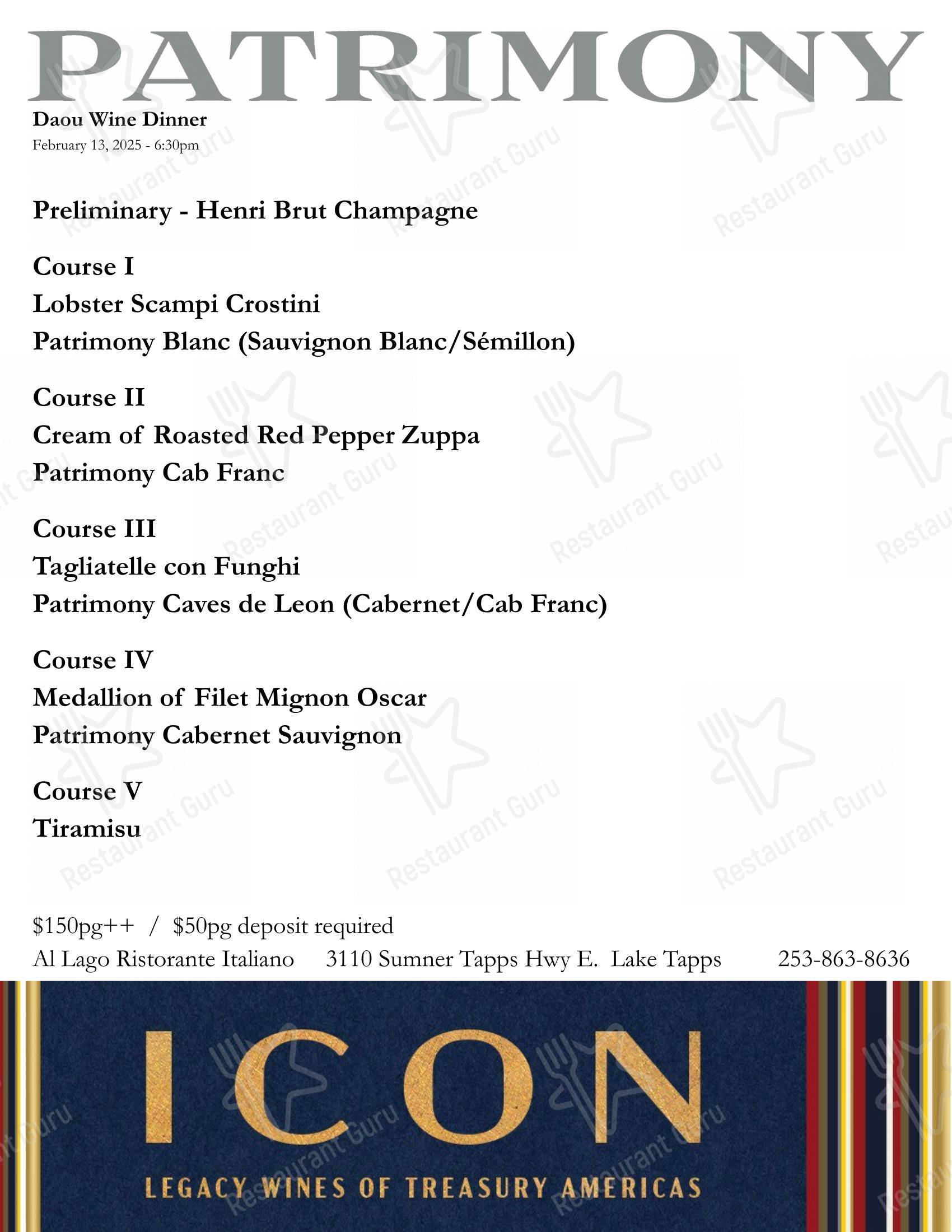 Menu at Al Lago Restaurant, Sumner