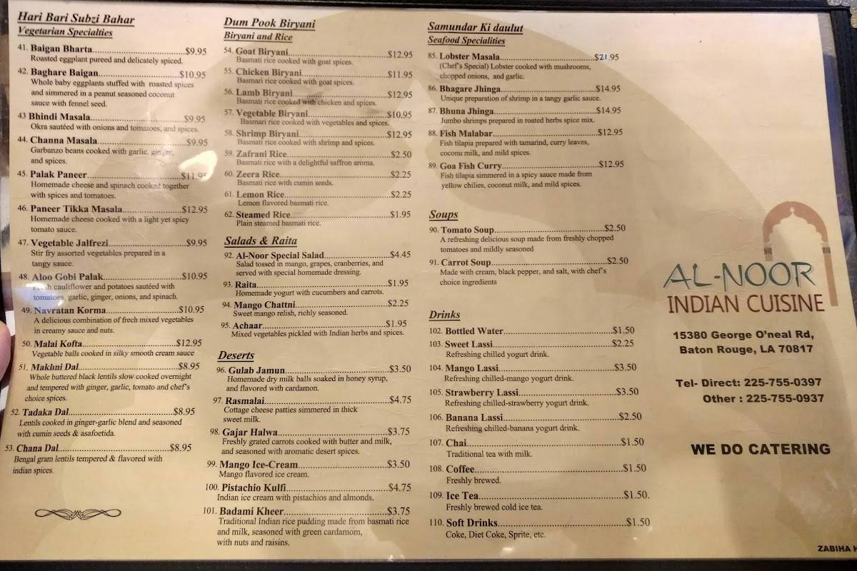 Menu at Al-Noor Indian Cuisine restaurant, Baton Rouge