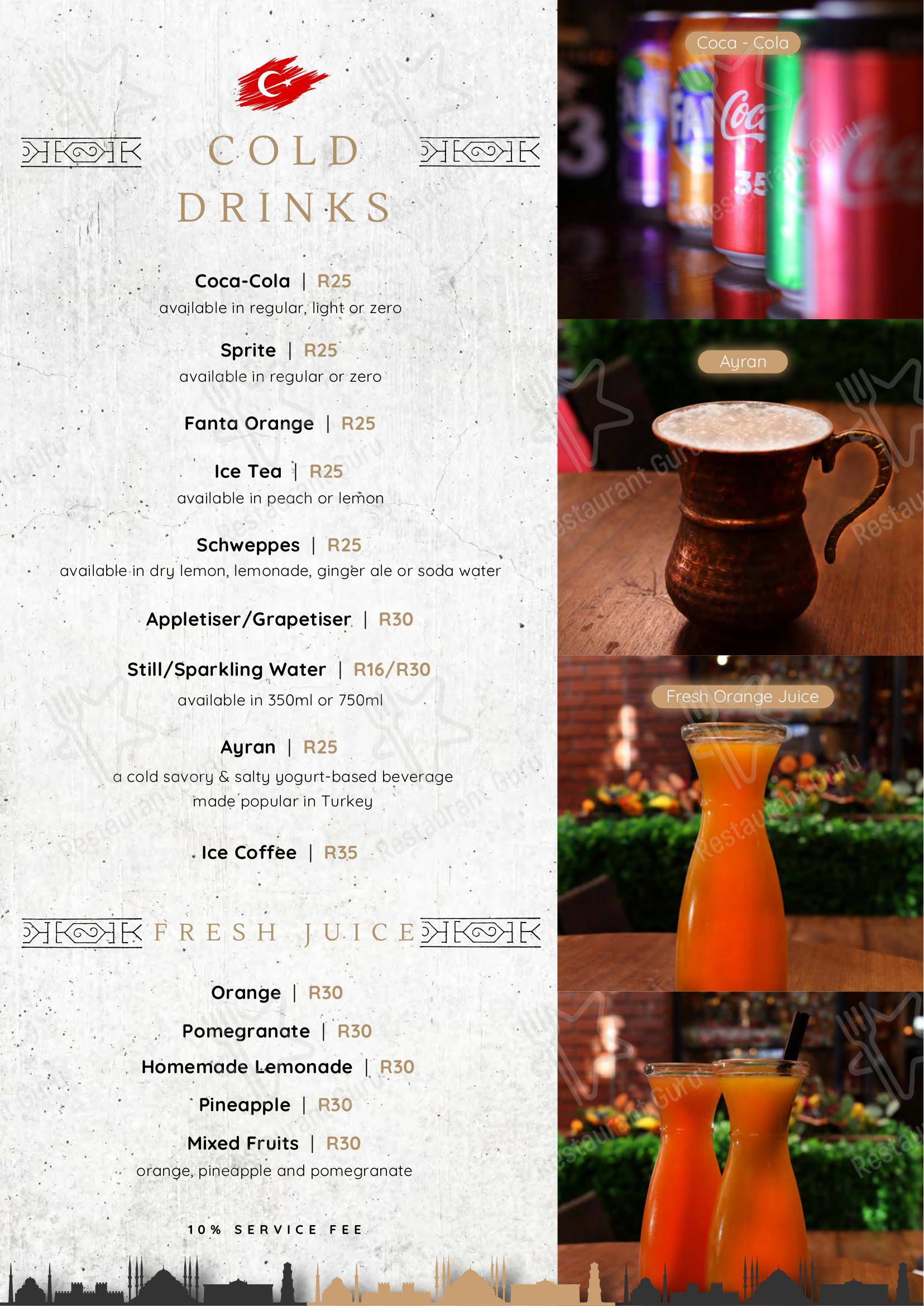 Menu at Ala Turkish restaurant, Cape Town