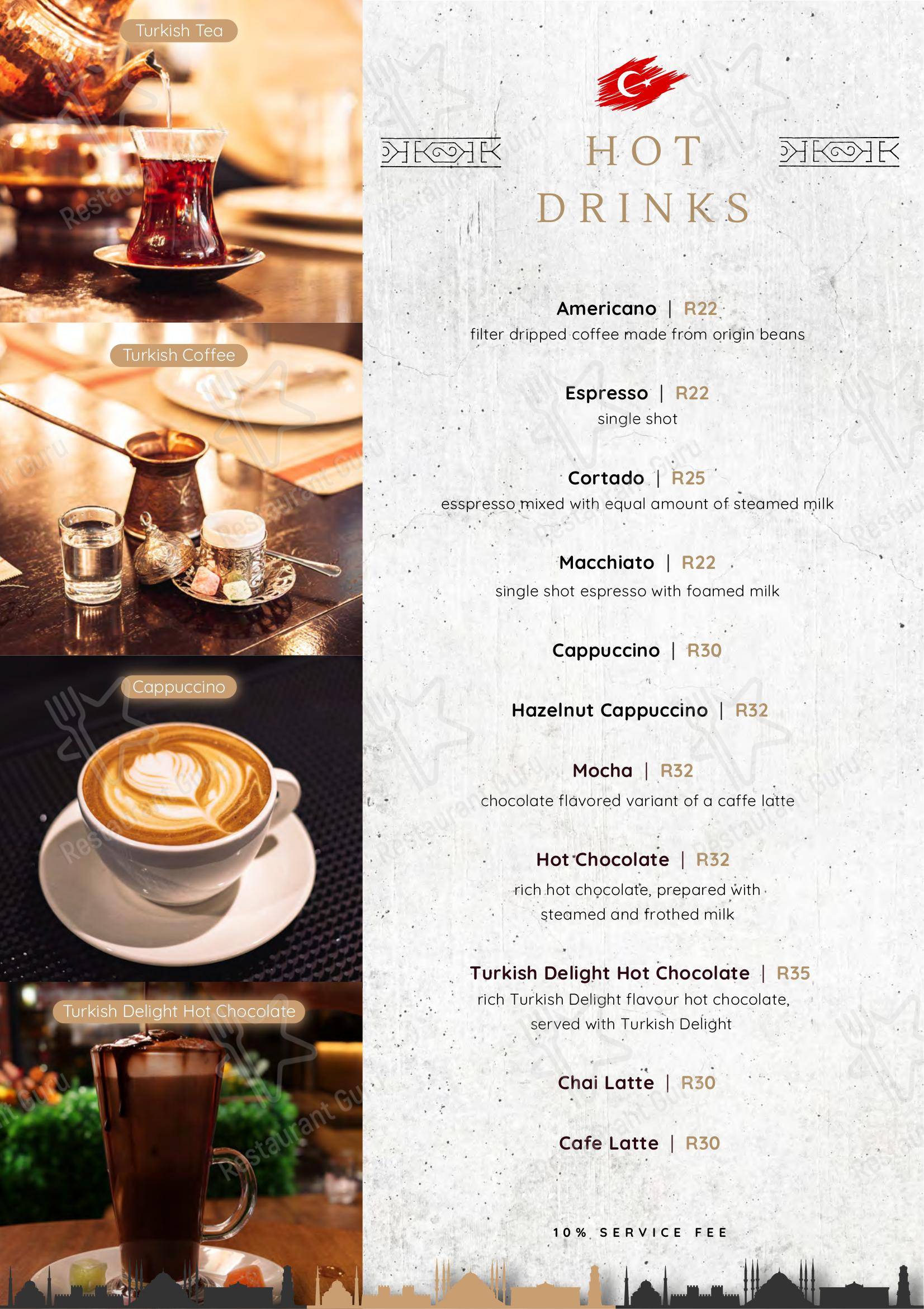 Menu at Ala Turkish restaurant, Cape Town