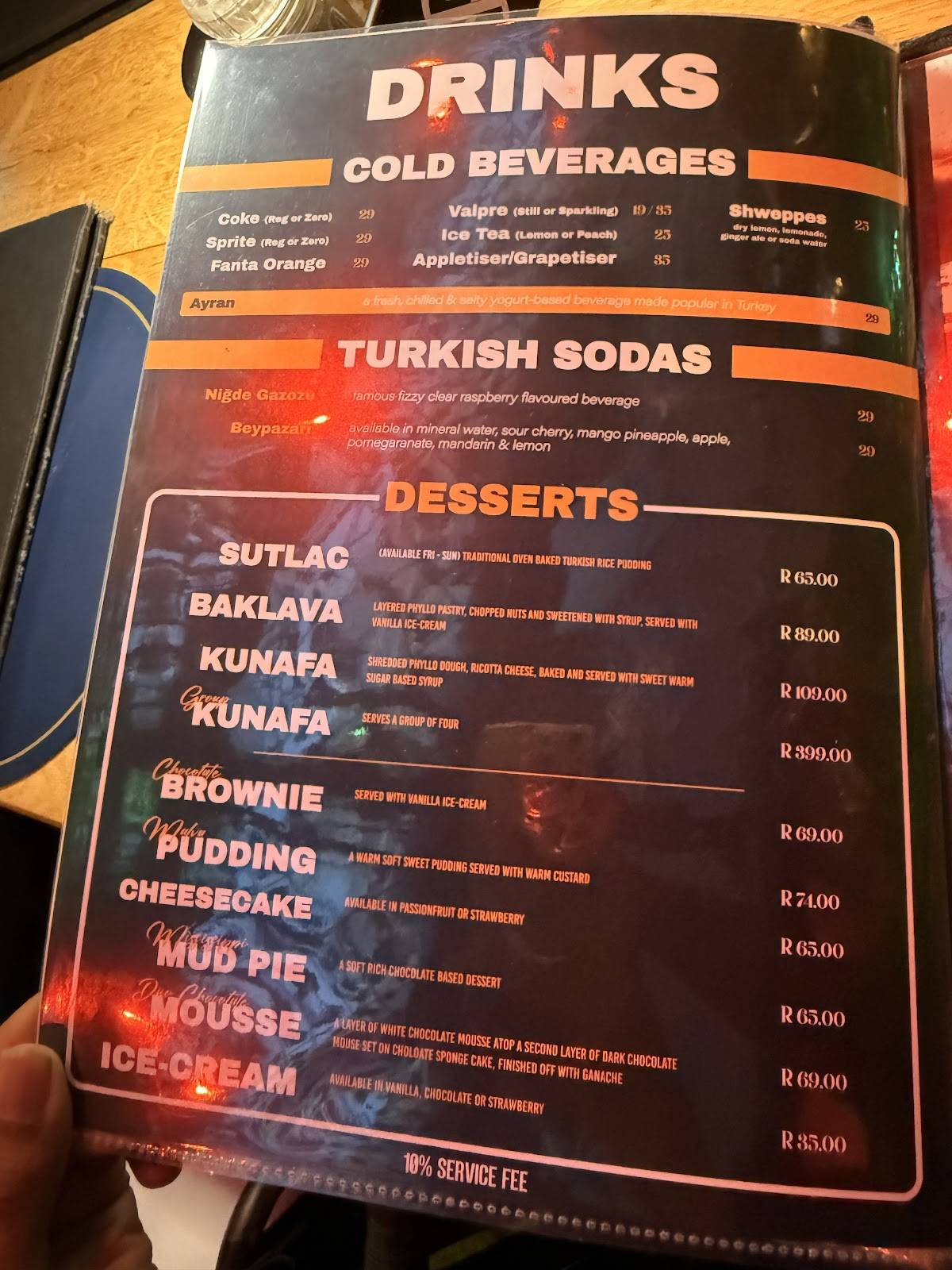 Menu at Ala Turkish restaurant, Cape Town