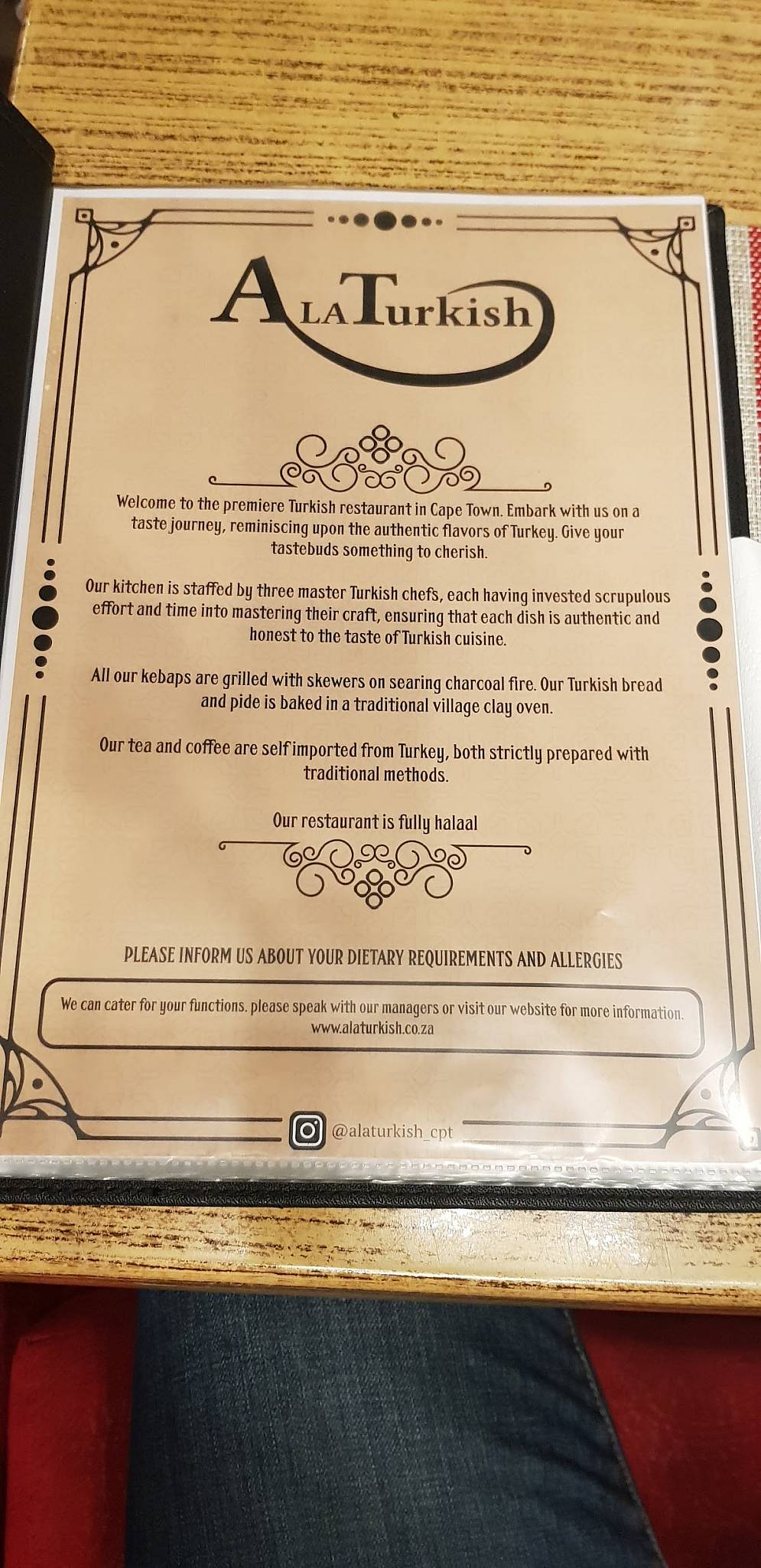 Menu at Ala Turkish restaurant, Cape Town