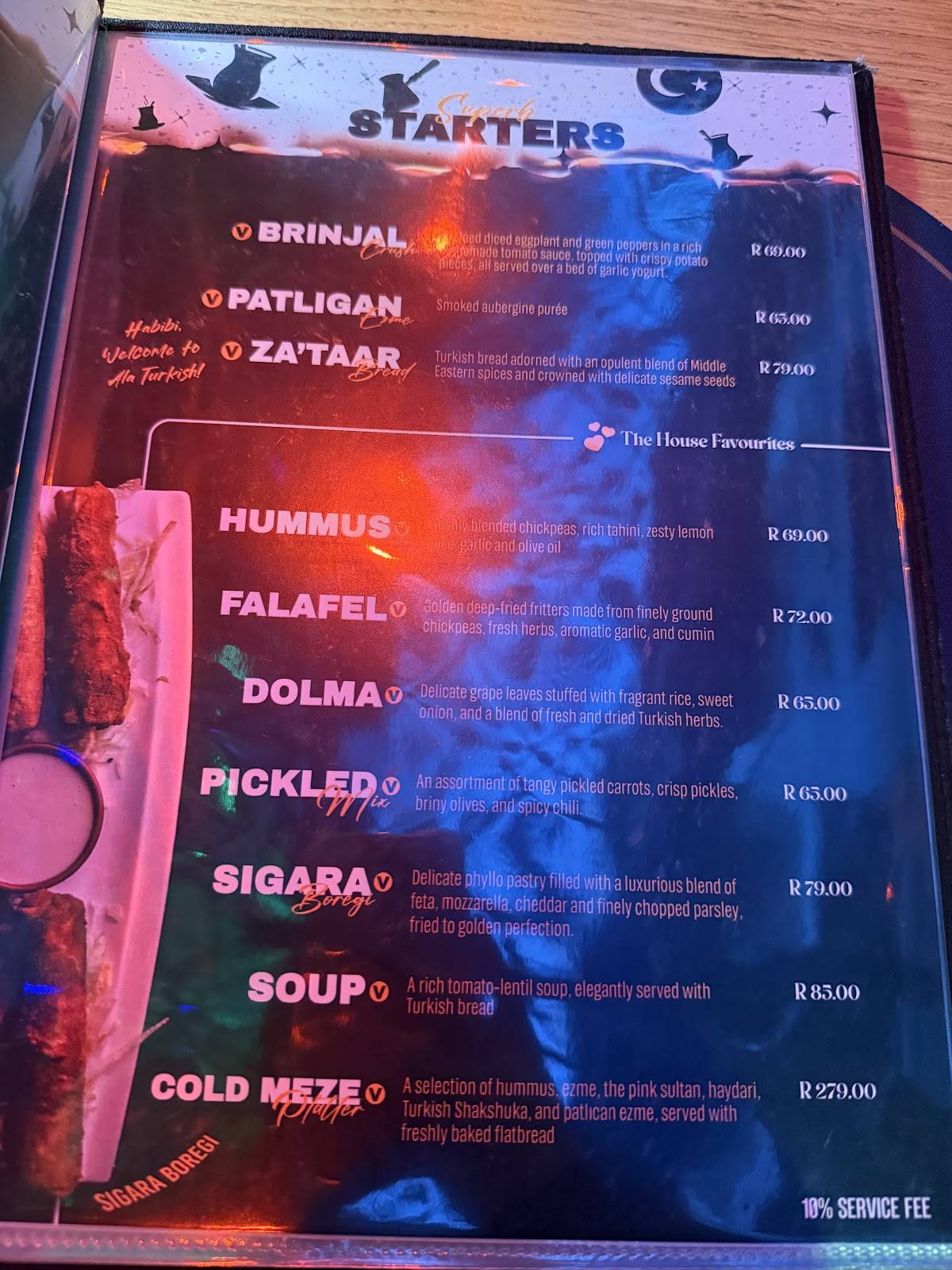 Menu at Ala Turkish restaurant, Cape Town