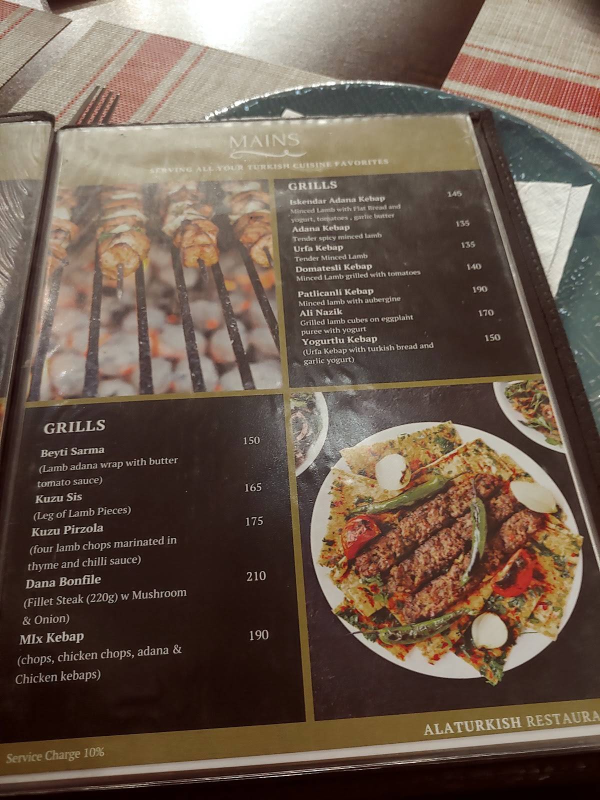 Menu at Ala Turkish restaurant, Cape Town