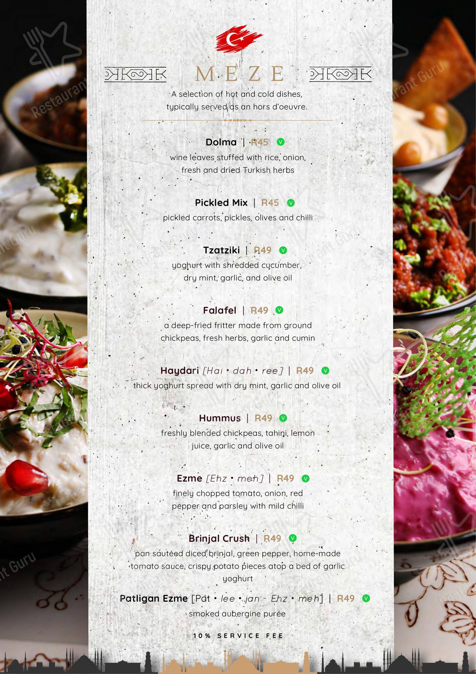 Menu at Ala Turkish restaurant, Cape Town