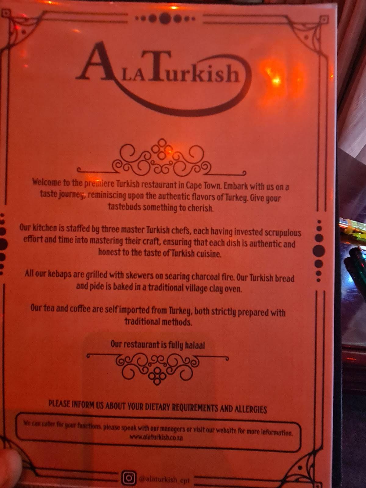 Menu at Ala Turkish restaurant, Cape Town